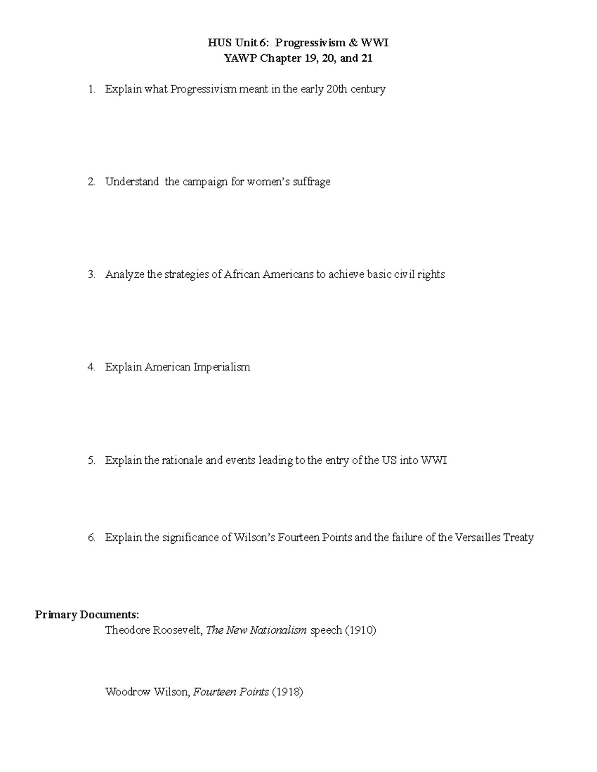 HUS Unit 6: Progressivism & WWI Review Objectives and Key Concepts ...