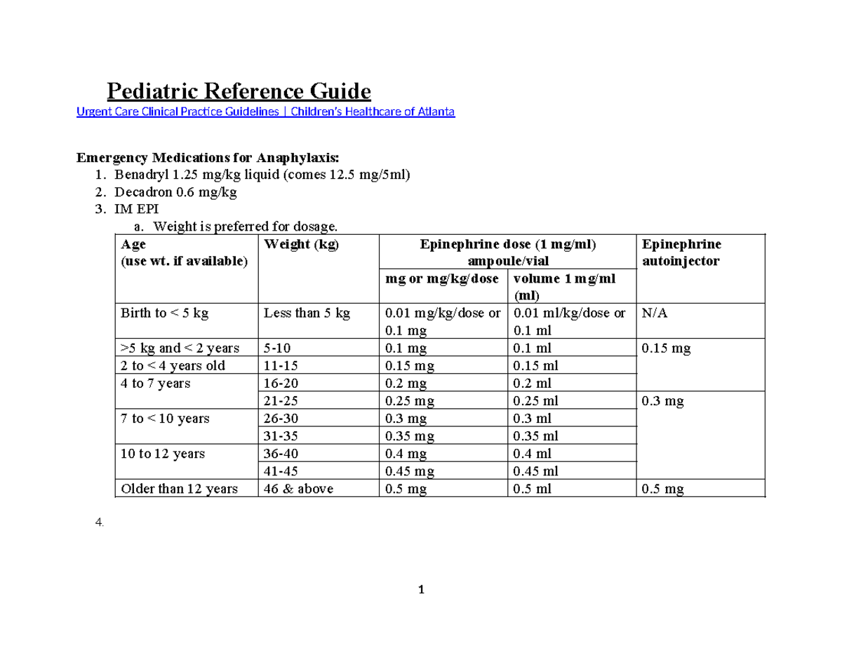 Pediatric Reference Sheet: Urgent Care Guidelines for Emergency Meds ...