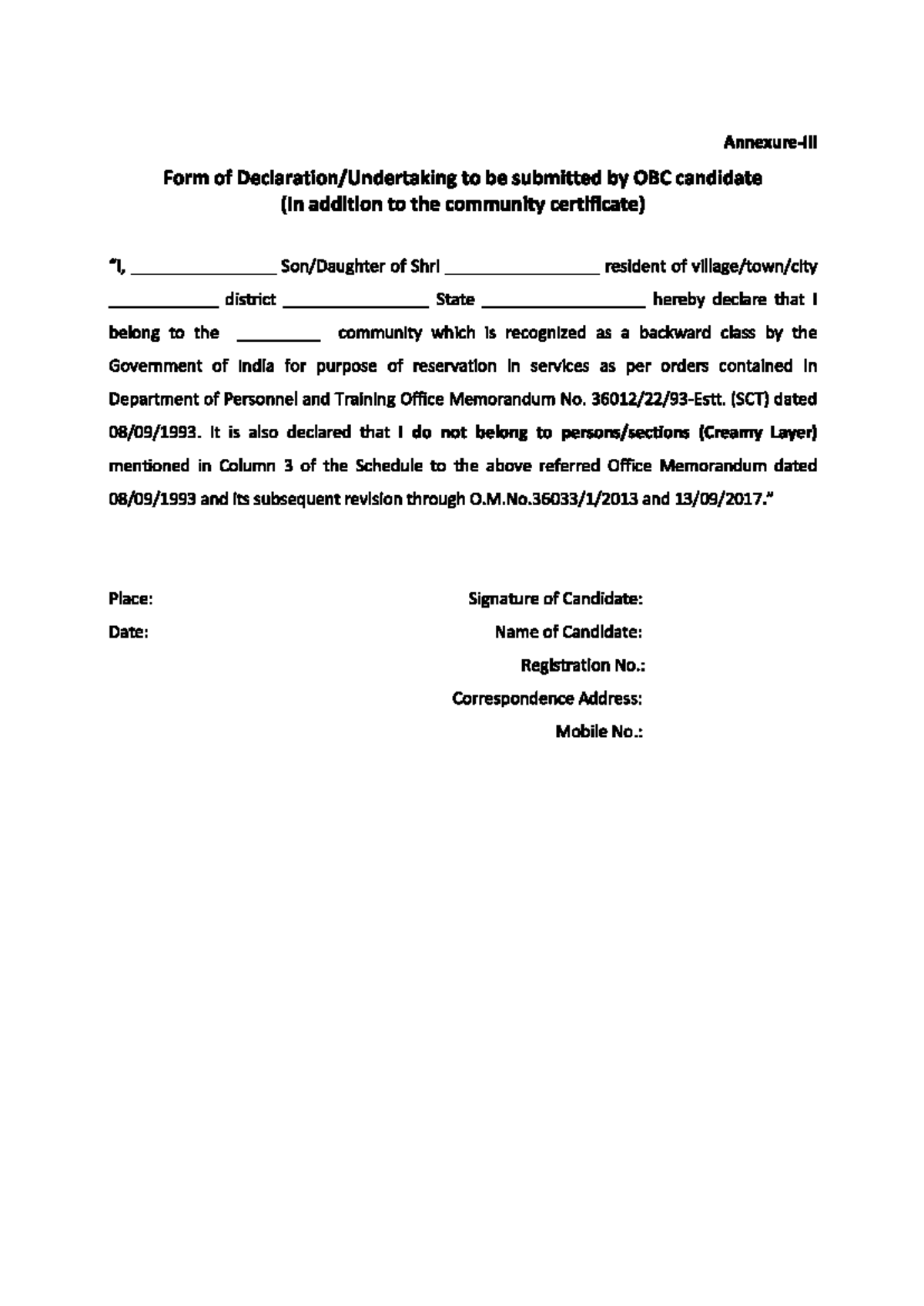 OBC Candidate Declaration Form - Undertaking for Reservation - Studocu