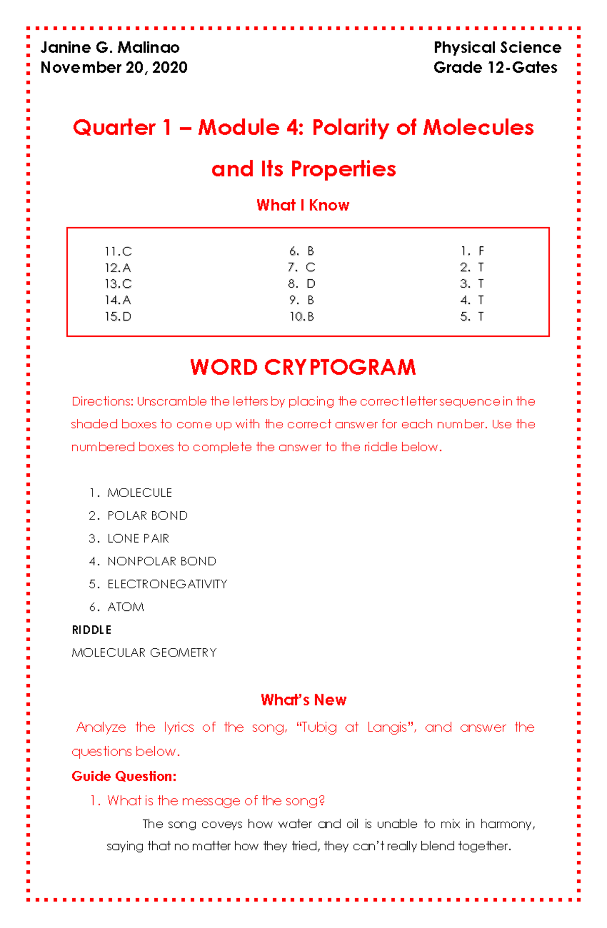 Physical Science Grade 12 - Module 4: Polarity & Molecular Properties ...