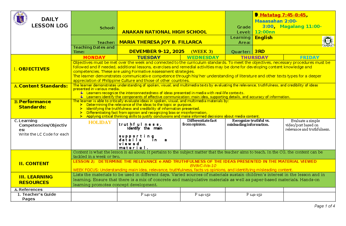 Grade 9 English Daily Lesson Log (DLL) - December 9-12 - Studocu