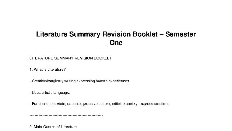 LIT101: Semester One Literature Summary Revision Guide - Studocu
