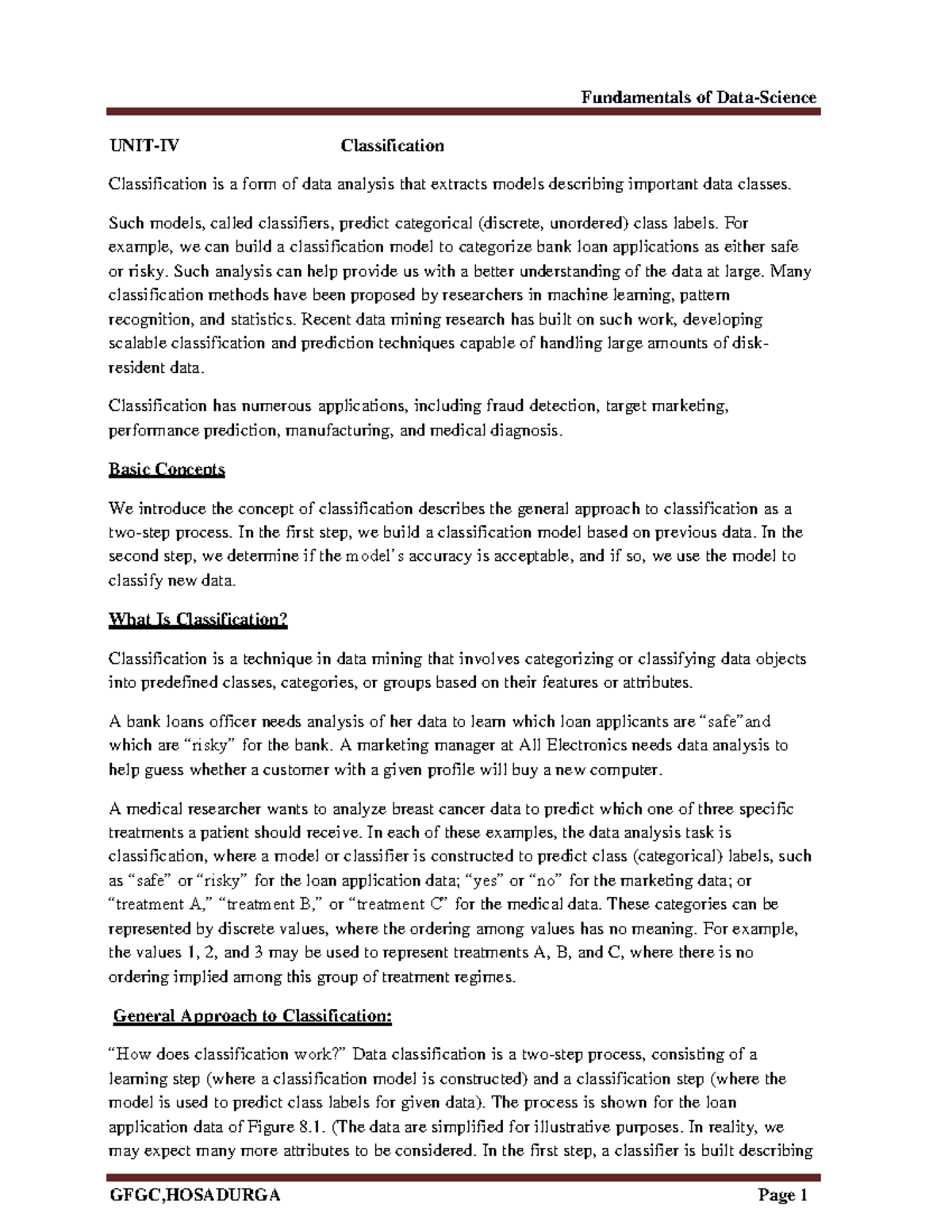 FDS 101: Fundamentals of Classification and Data Analysis Notes - Studocu