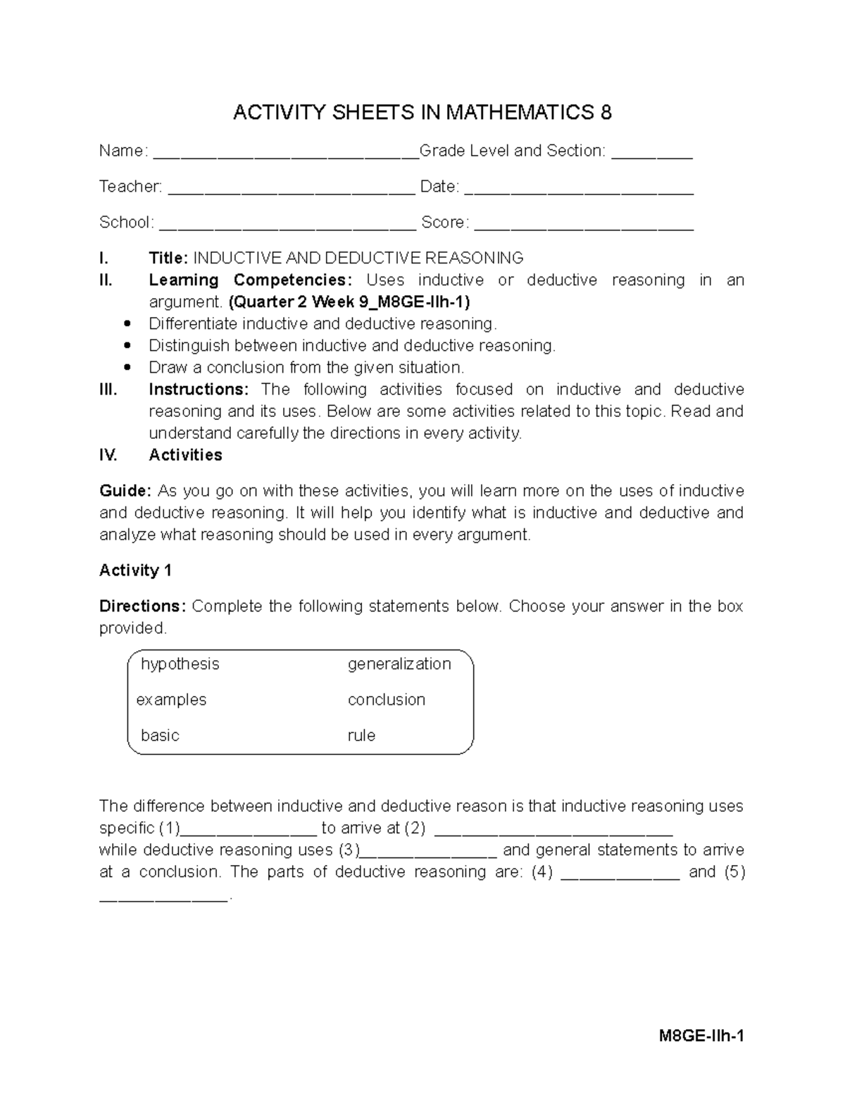 13. Inductive AND Deductive Reasoning - ACTIVITY SHEETS IN MATHEMATICS ...