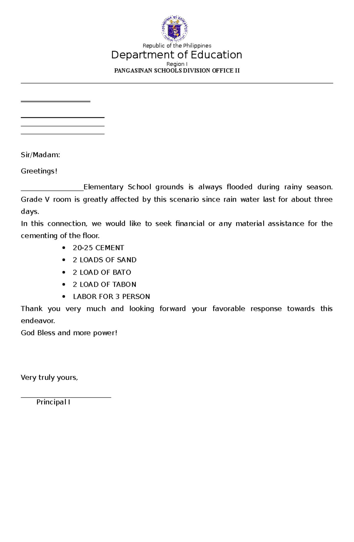 Solicitation Letter Grade V Classroom template - Republic of the ...