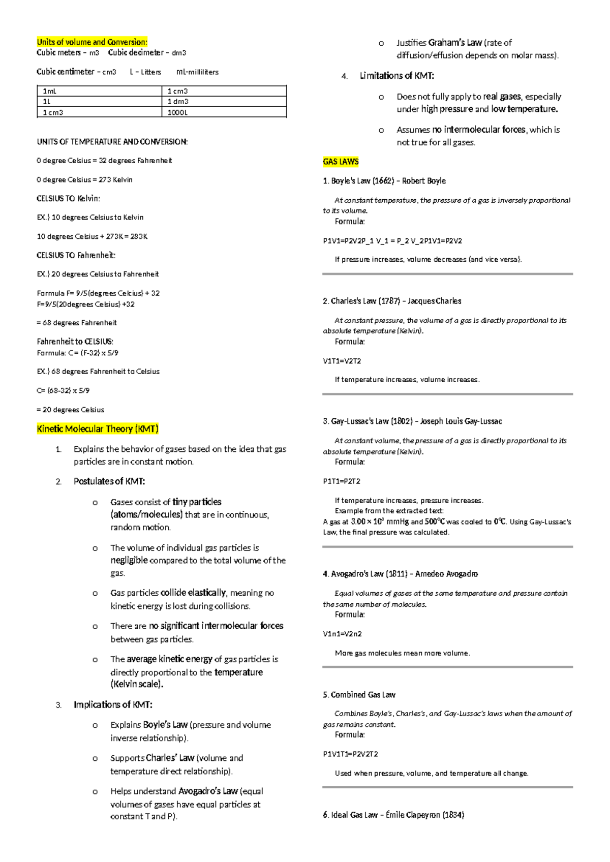Science Notes: Gas Laws, KMT, and Volume Conversion (CHEM 101) - Studocu
