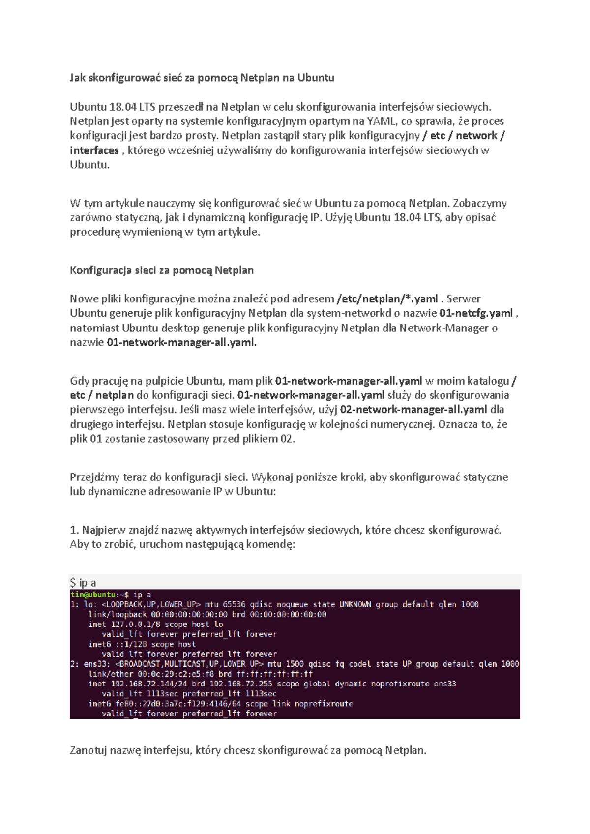 Konfiguracja Sieci z Netplan na Ubuntu 18.04 LTS: Przewodnik krok po kroku - Studocu
