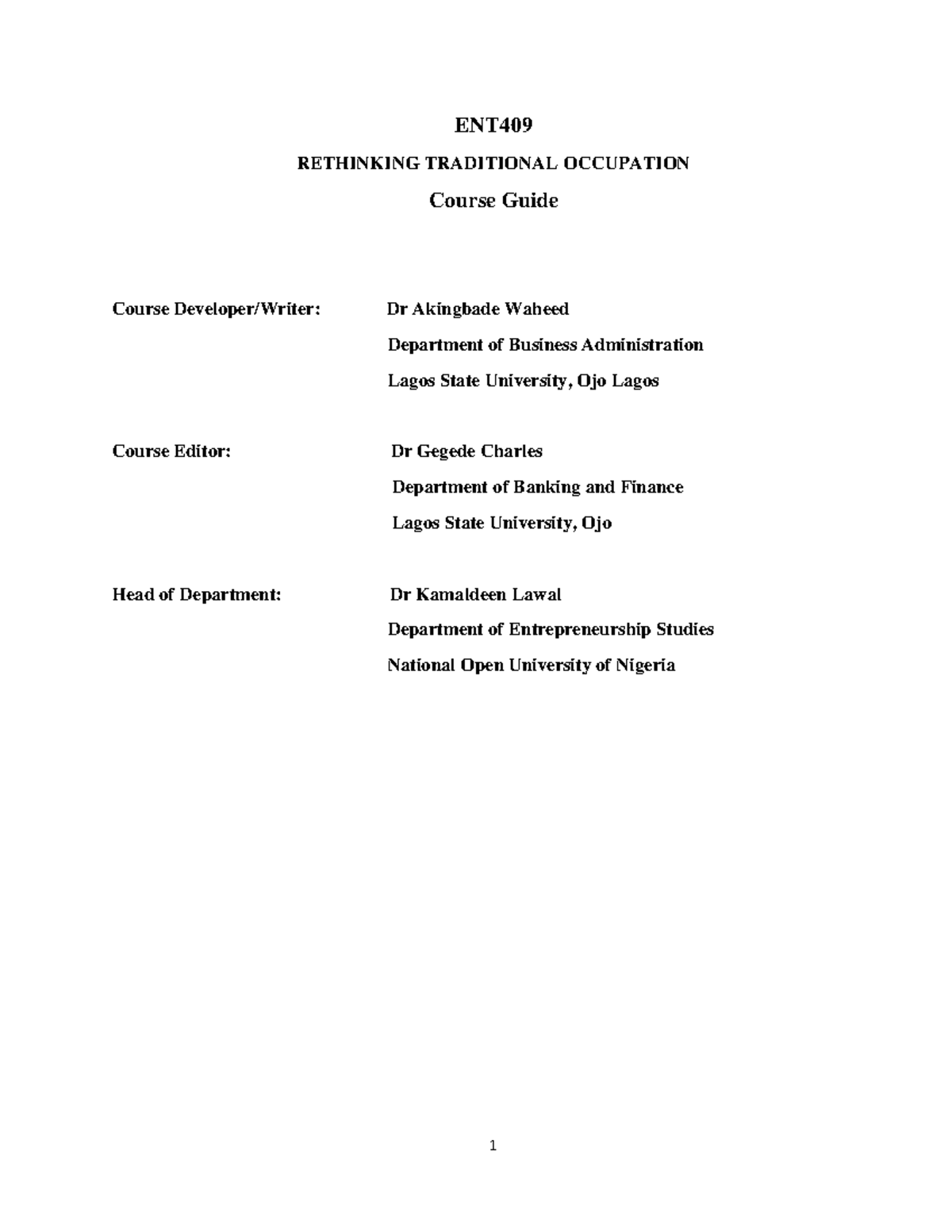 ENT409 Course Guide: Rethinking Traditional Occupations Overview - Studocu