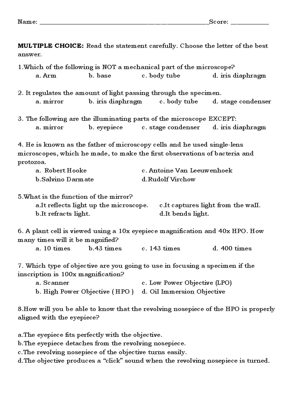 QUIZ 1: Microbiology and Cells for Grade 7 - Studocu