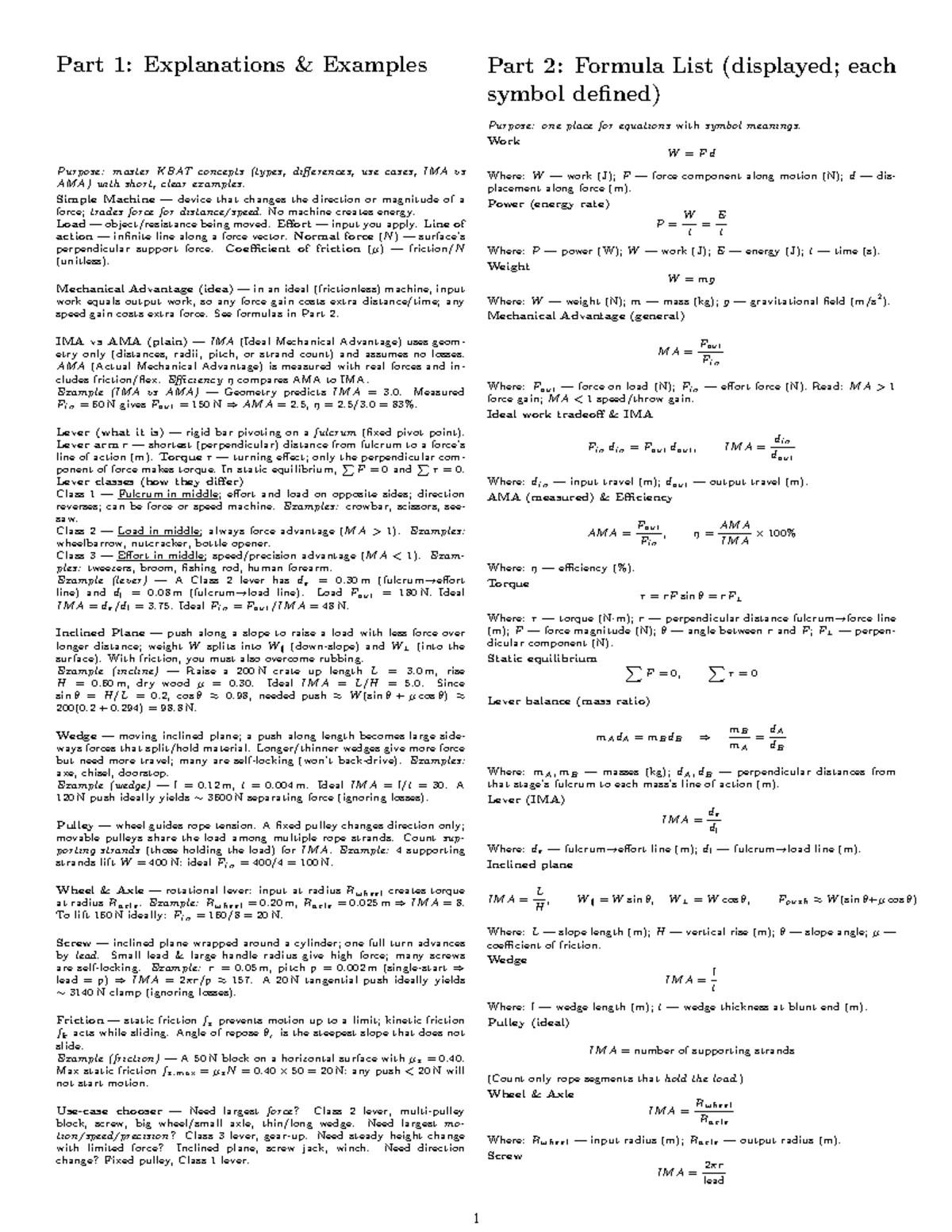 Cheat Sheet: Mechanical Advantage & Simple Machines Concepts (ENGR 101 ...