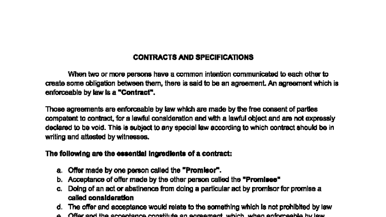 CONTRACTS AND SPECIFICATIONS: Essential Elements and Types - Studocu