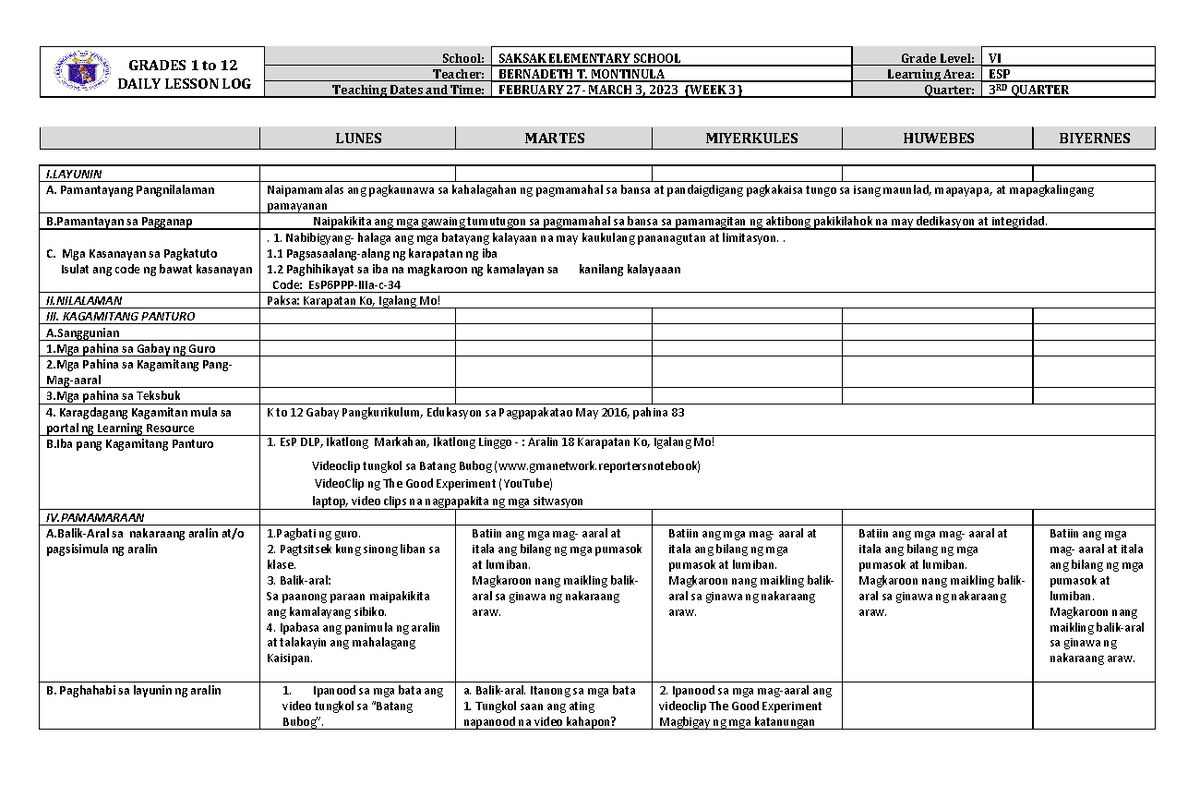 ESP Daily Lesson LOG WEEK 3 - GRADES 1 to 12 DAILY LESSON LOG School ...