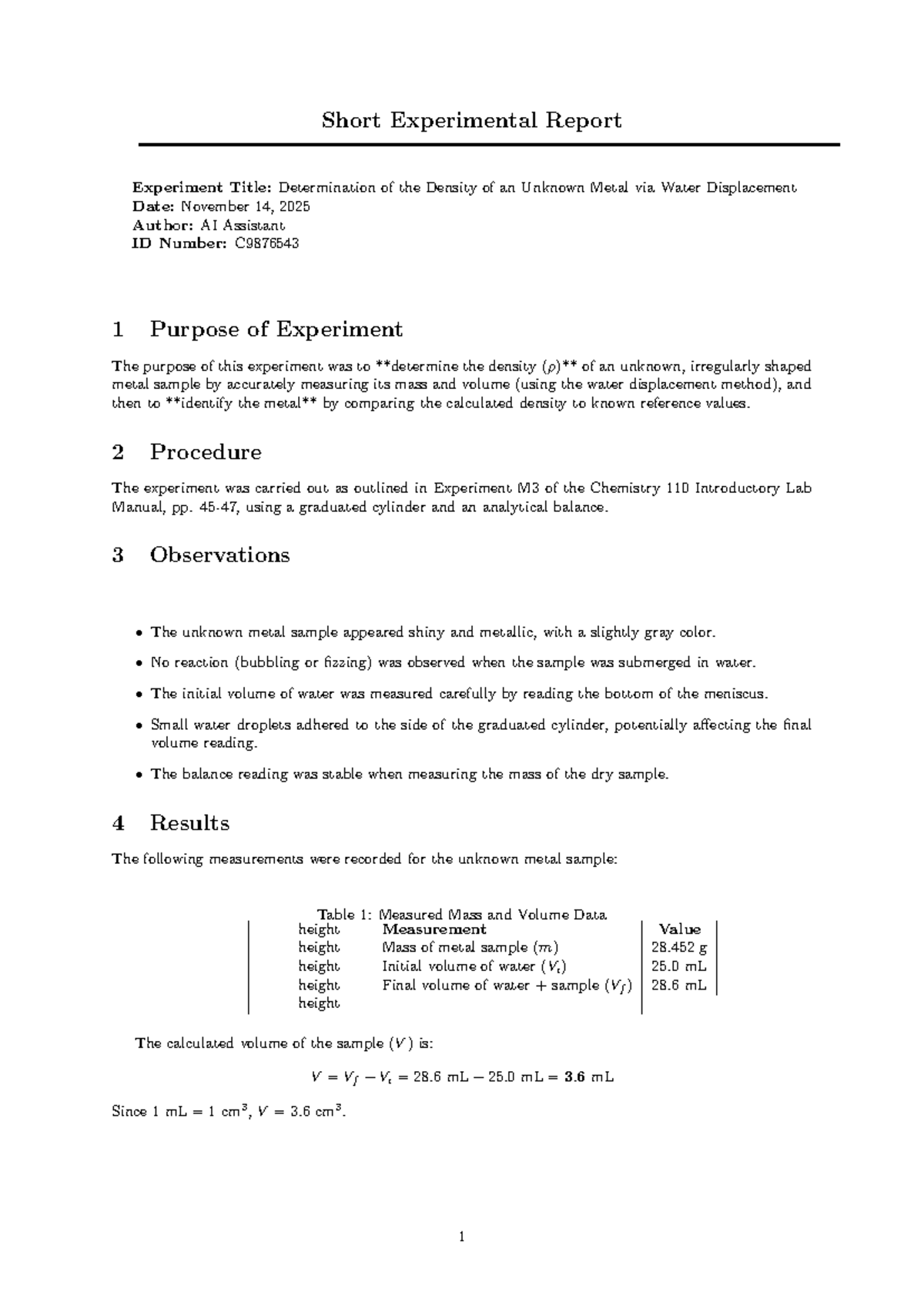 Chemistry 110 Lab Report: Density Determination of Unknown Metal - Studocu