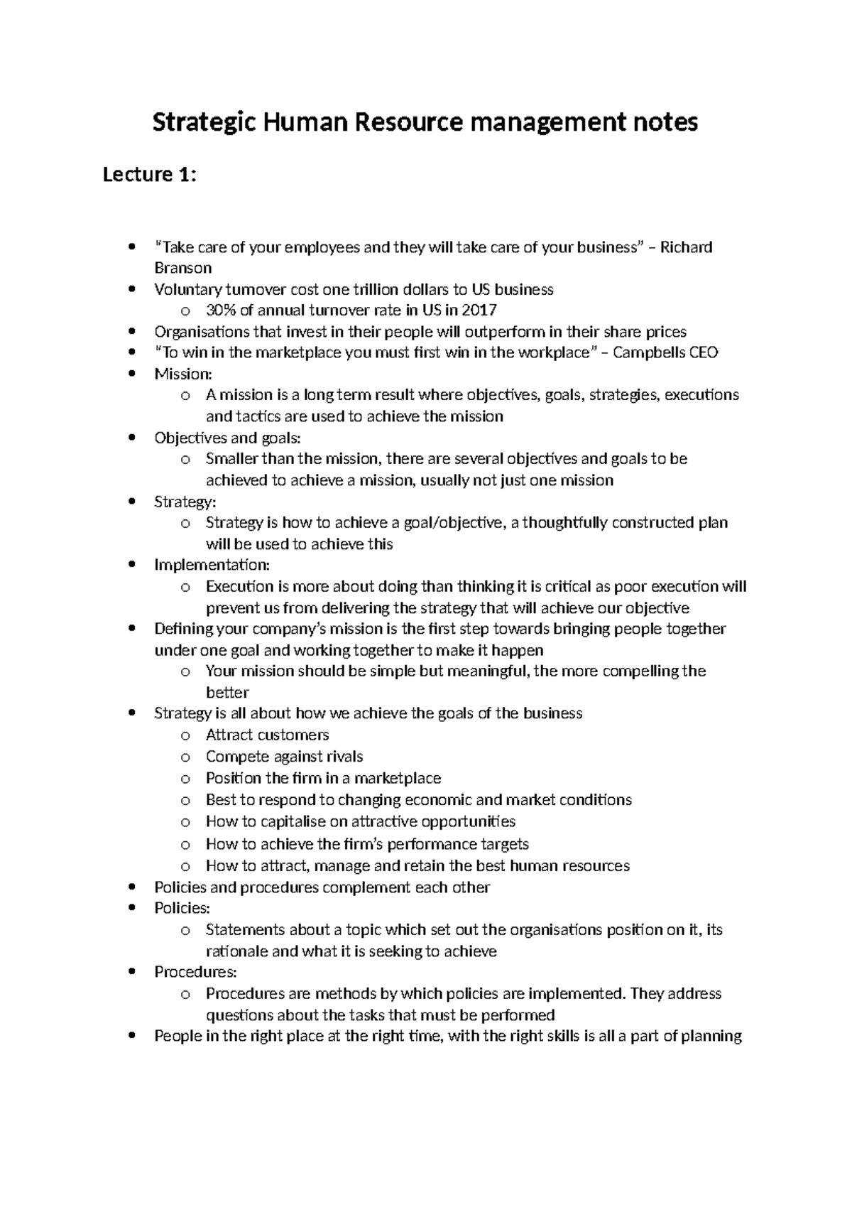 Strategic HRM Notes: Lecture 1 - Employee Care & Engagement Insights ...