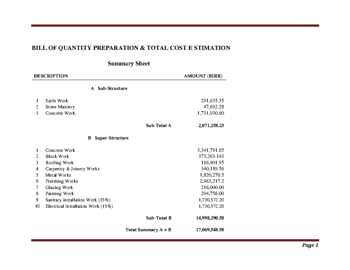 BILL OF Quantity Preparation and Total C - BILL OF QUANTITY PREPARATION ...