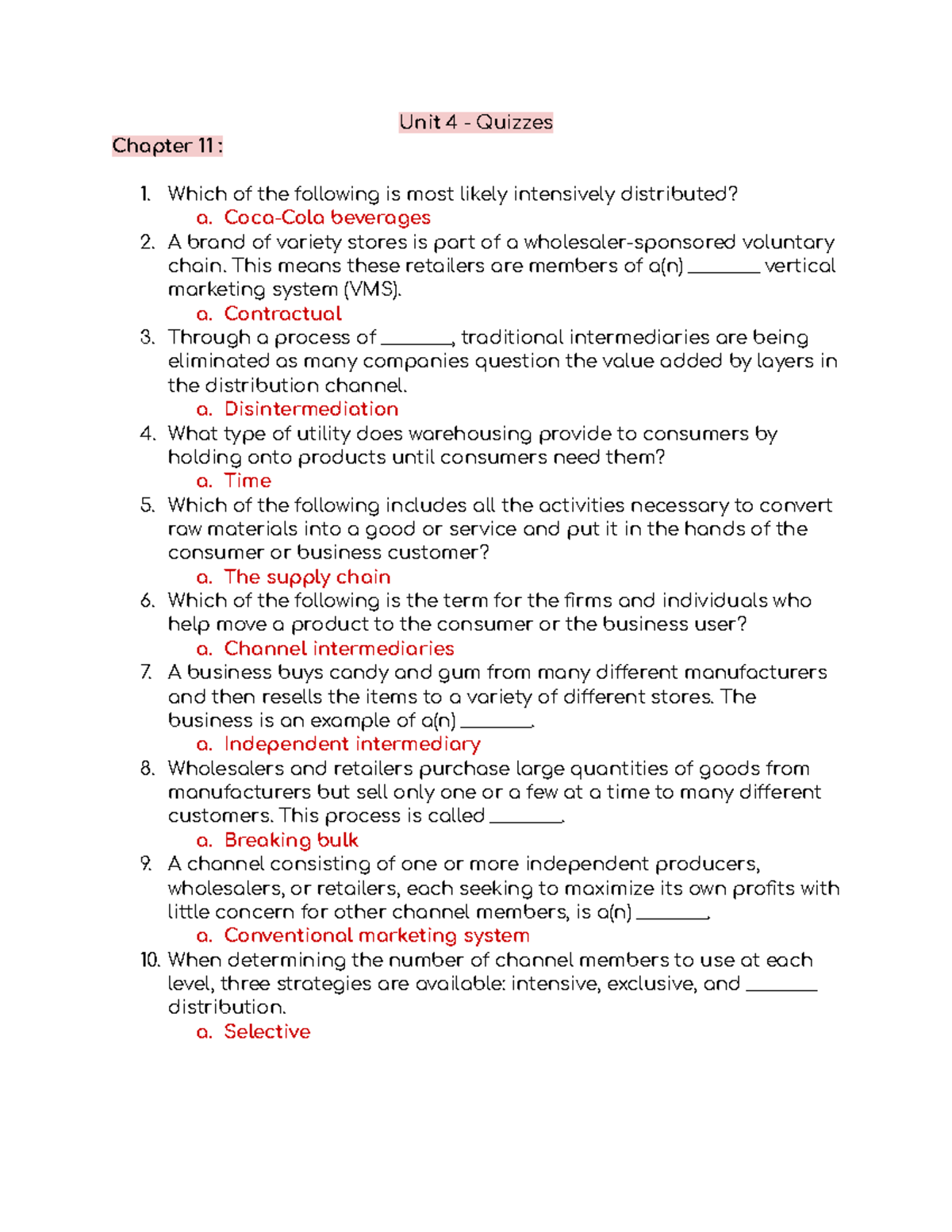 Unit 4 - Marketing Quizzes: Distribution and Promotion Concepts - Unit ...