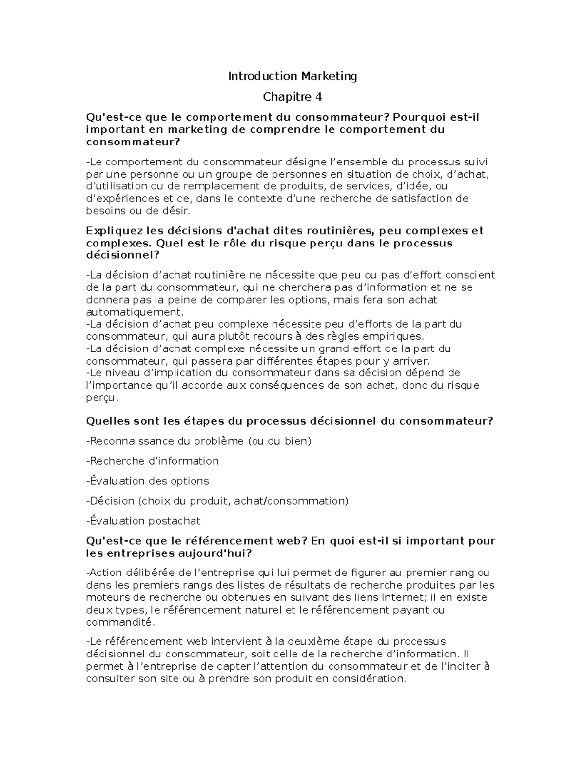 Chapitre 4 exercices - Introduction Marketing Chapitre 4 Qu'est-ce que le comportement du - Studocu