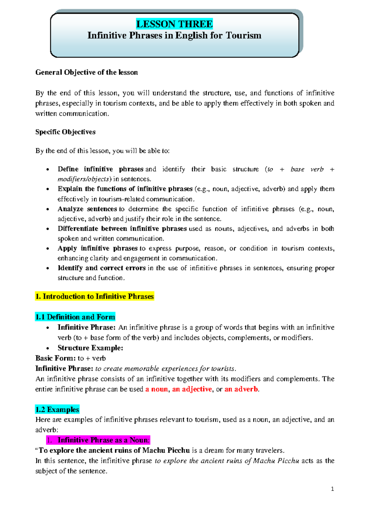 Lesson 3: Infinitive Phrases in English for Tourism - Studocu