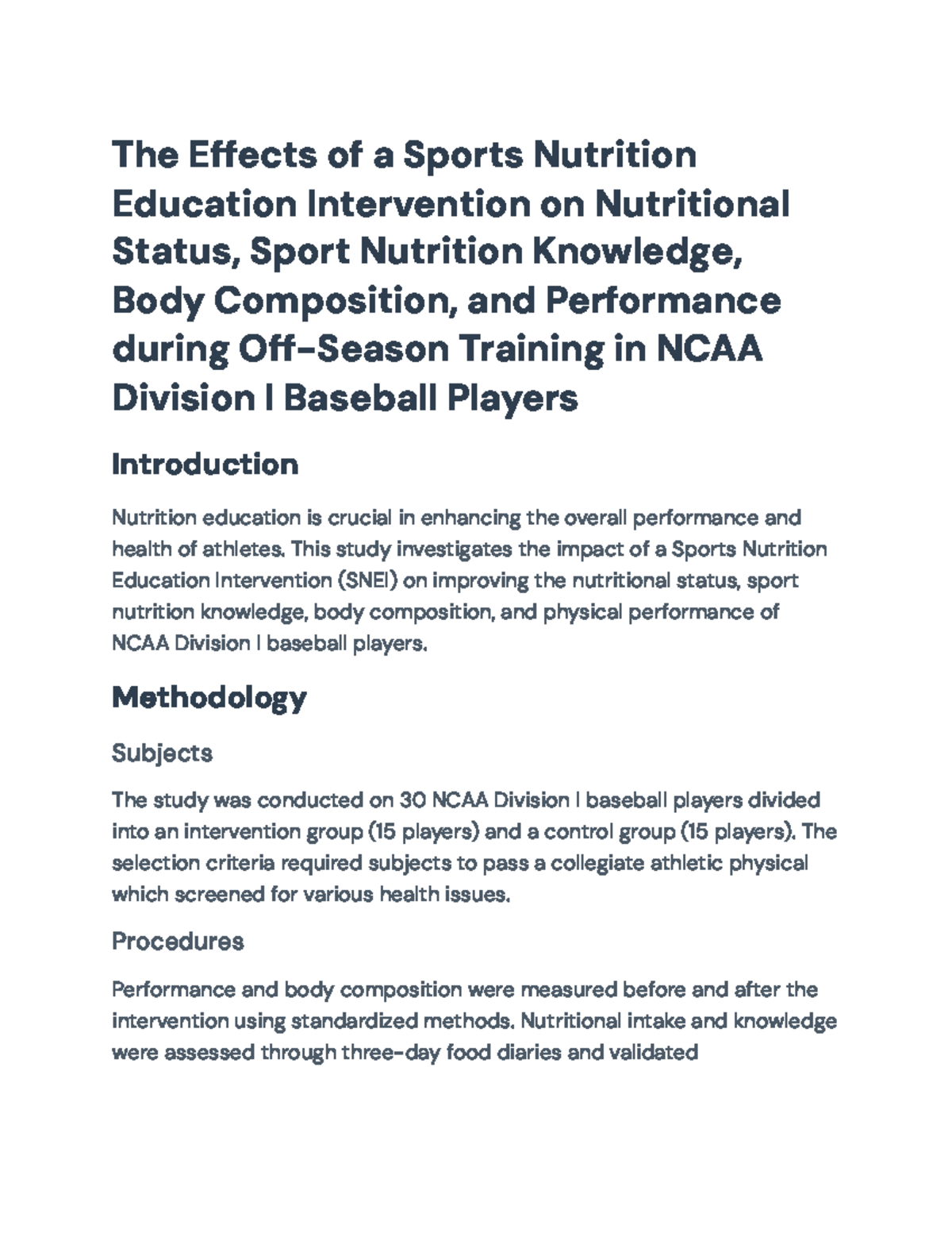 Impact of Sports Nutrition Education on NCAA Division I Baseball ...