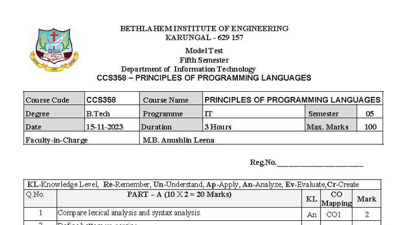 CCS358 Model Test Notes for Principles of Programming Languages - Studocu