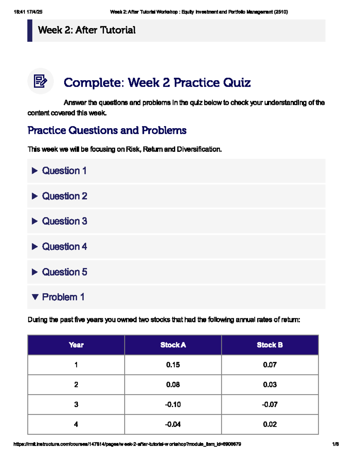 Equity Investment & Portfolio Management (2510) Week 2 Practice Quiz Answers - Studocu
