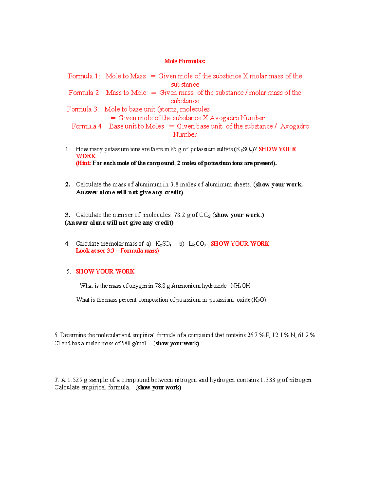 Chapter 3 Practice Problems: Mole Formulas & Calculations - Studocu