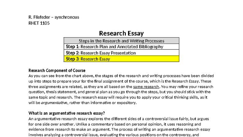 RHET 1105 Final Research Essay Steps: Planning & Writing Guide - Studocu