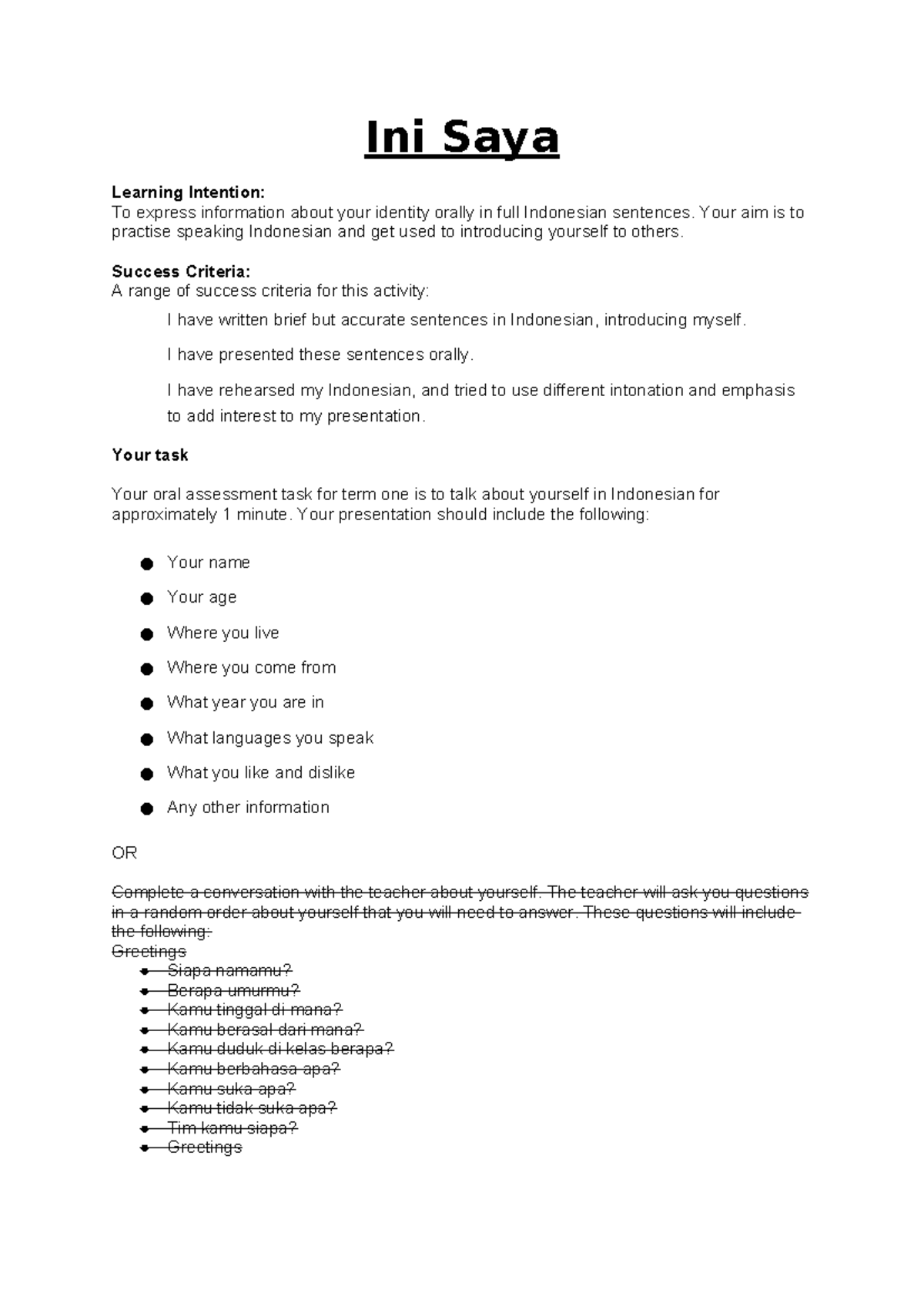 Indonesian Oral Presentation Task: Self-Introduction (Term 1) - Studocu