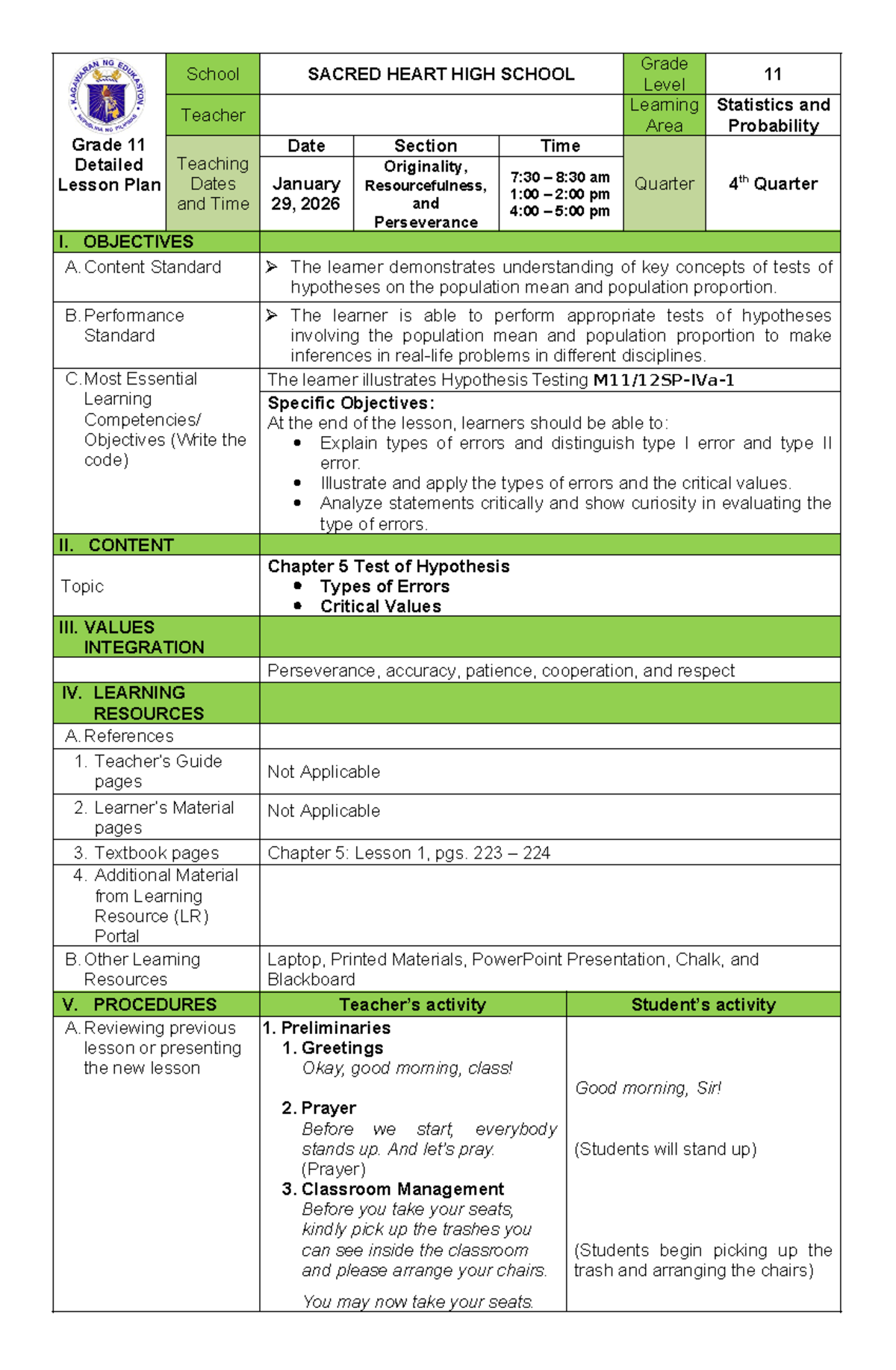 Grade 11 Statistics Lesson Plan: Types of Errors in Hypothesis Testing ...
