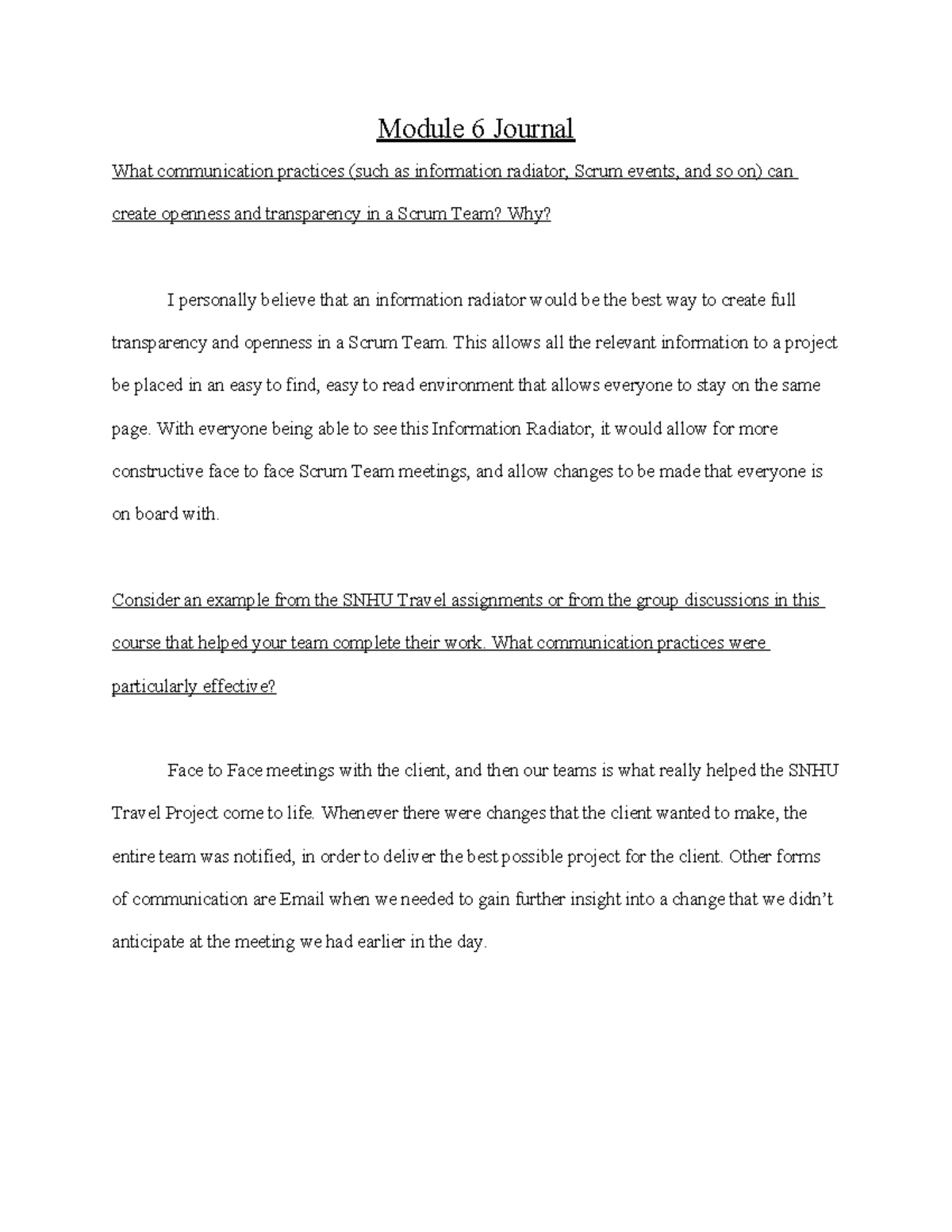 Module 6 Journal - none - Module 6 Journal What communication practices ...