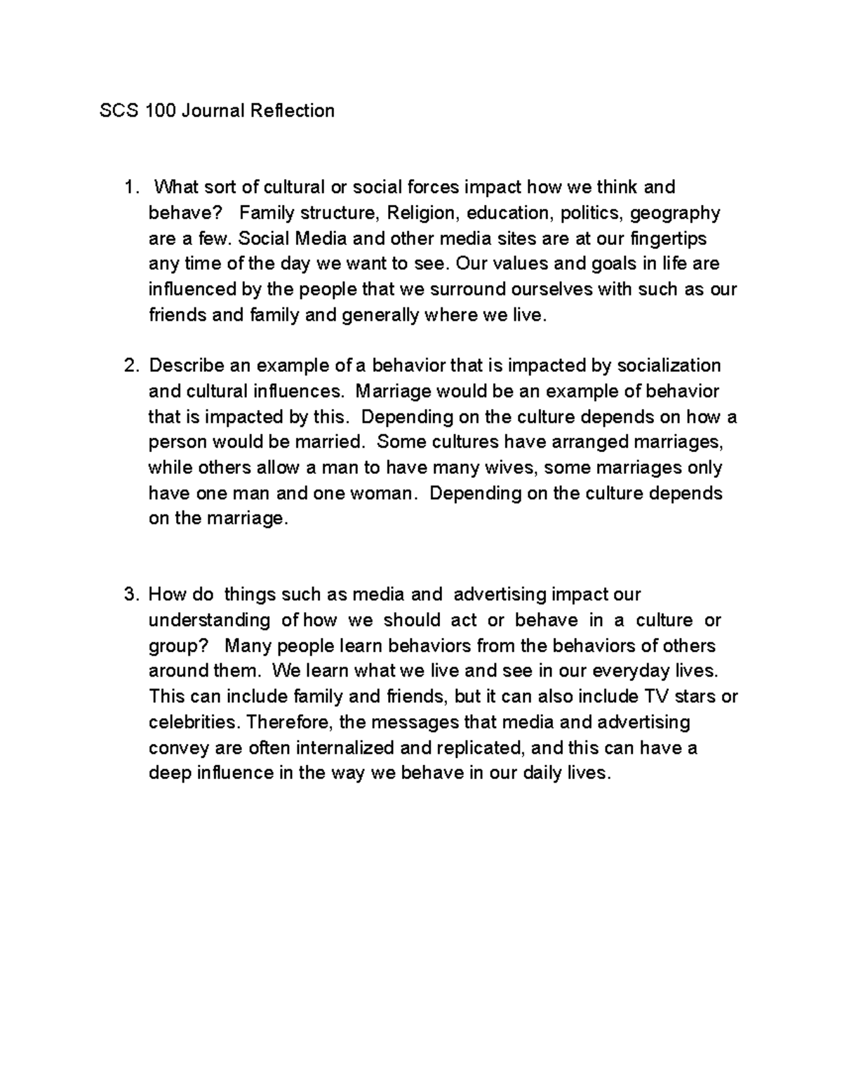 SCS 100 Journal entry Social - SCS 100 Journal Reflection What sort of ...