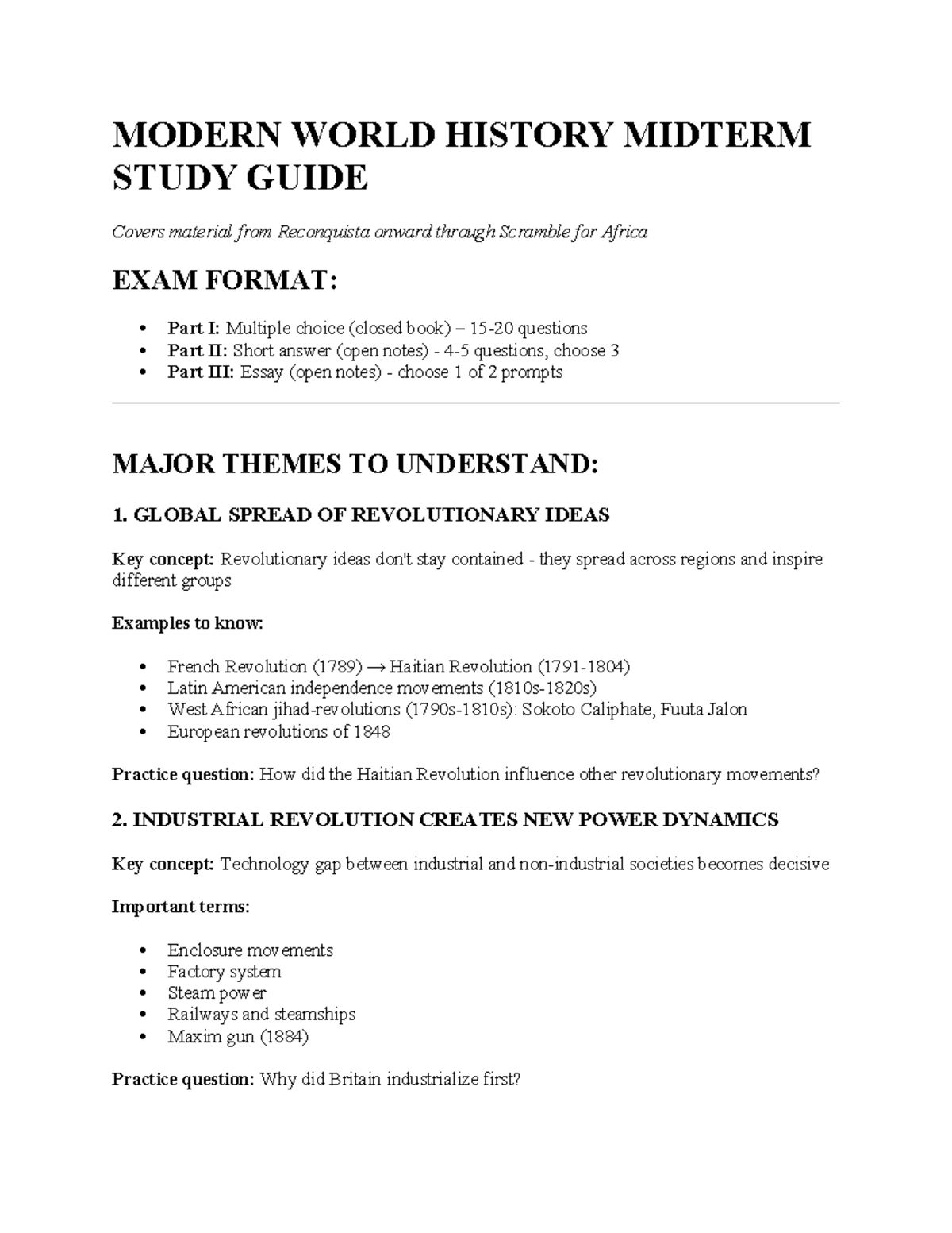 Modern World History (HIST 101) Midterm Study Guide: Key Themes ...