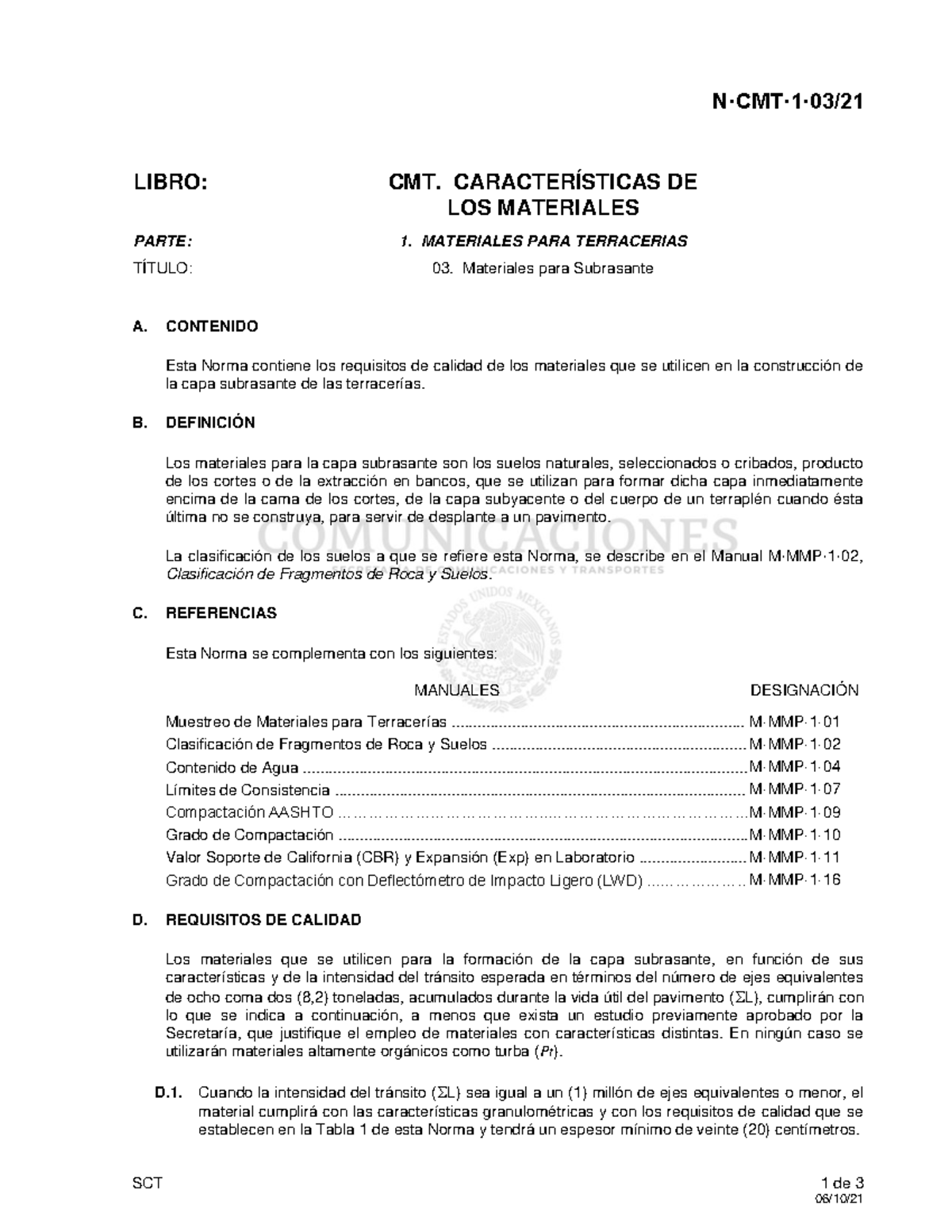 N CMT 1 03 21 - Normas SCT para Materiales de Subrasante - Studocu