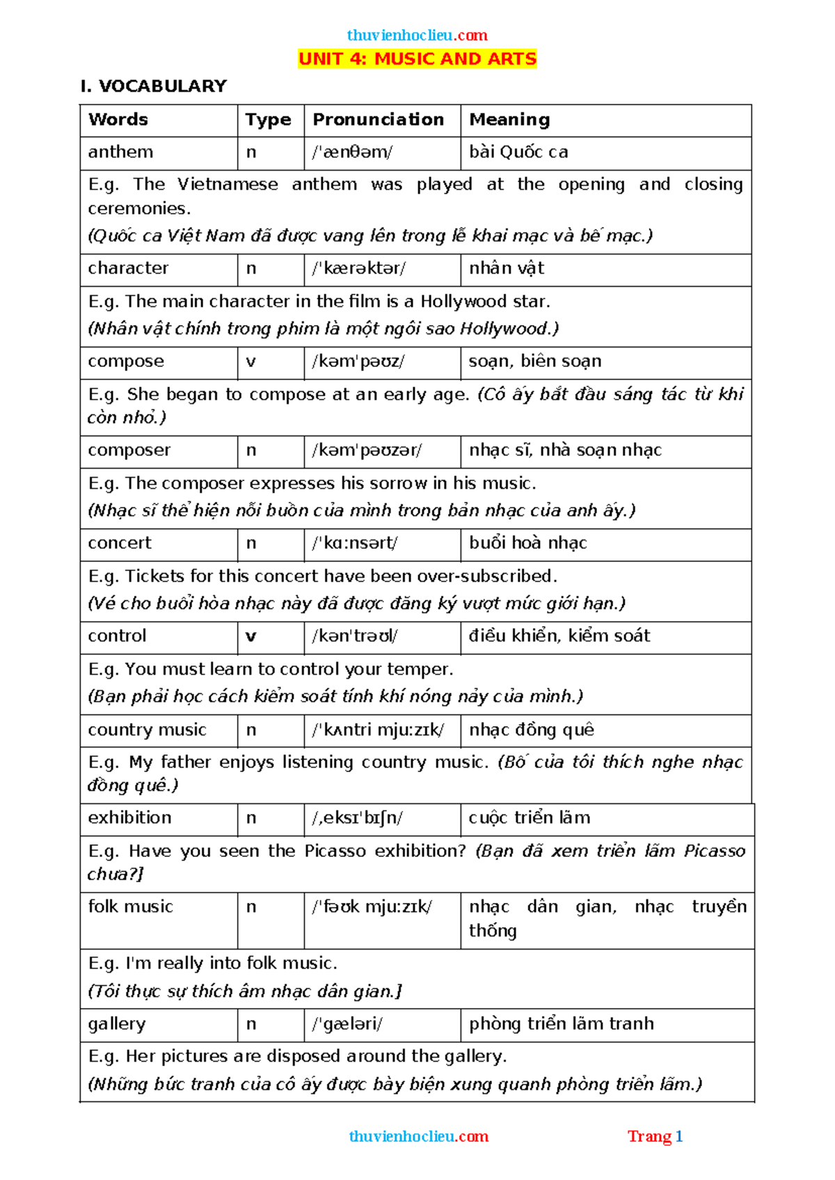 UNIT 4: MUSIC AND ARTS - Vocabulary and Exercises - Studocu