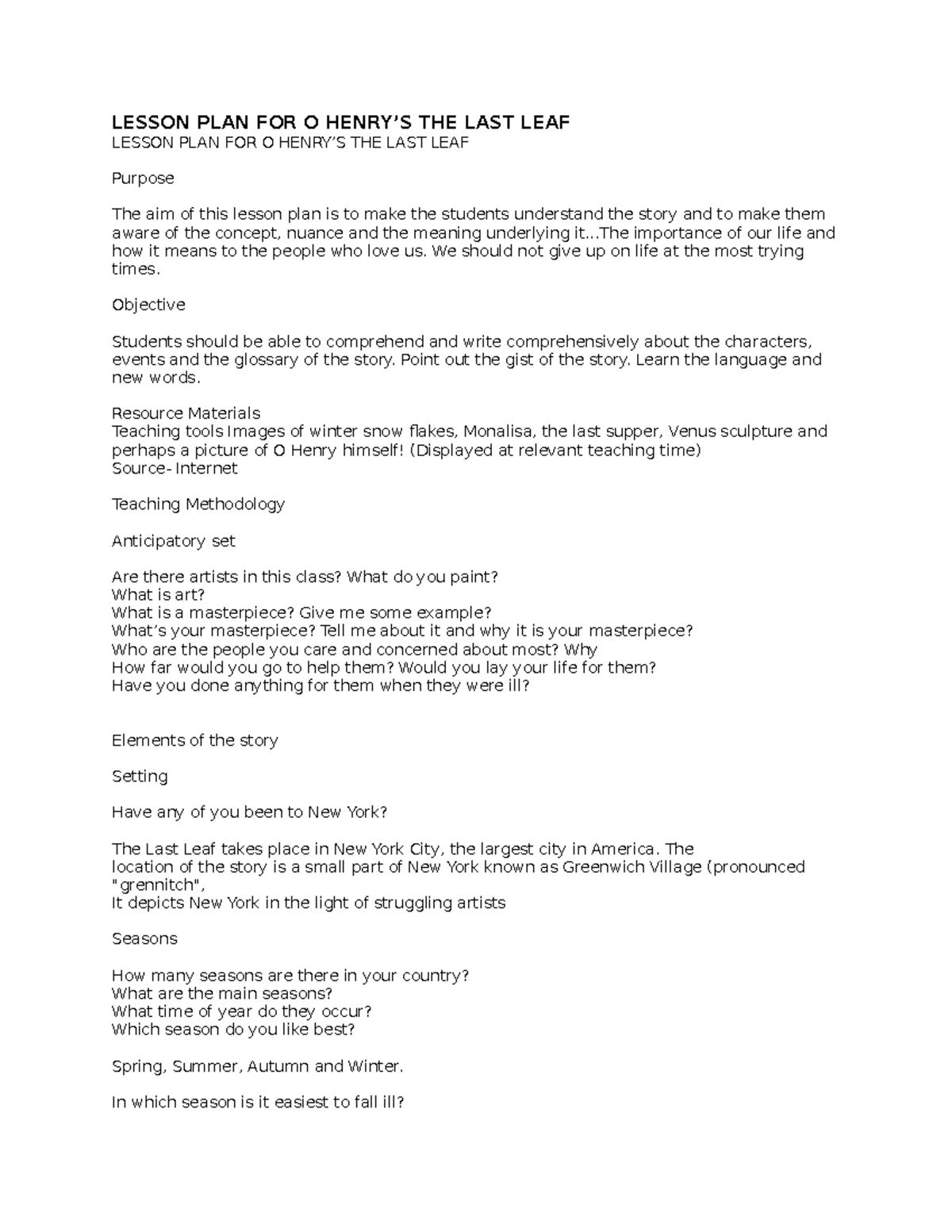 Lesson Plan: O Henry's The Last Leaf - Understanding Sacrifice and Art ...