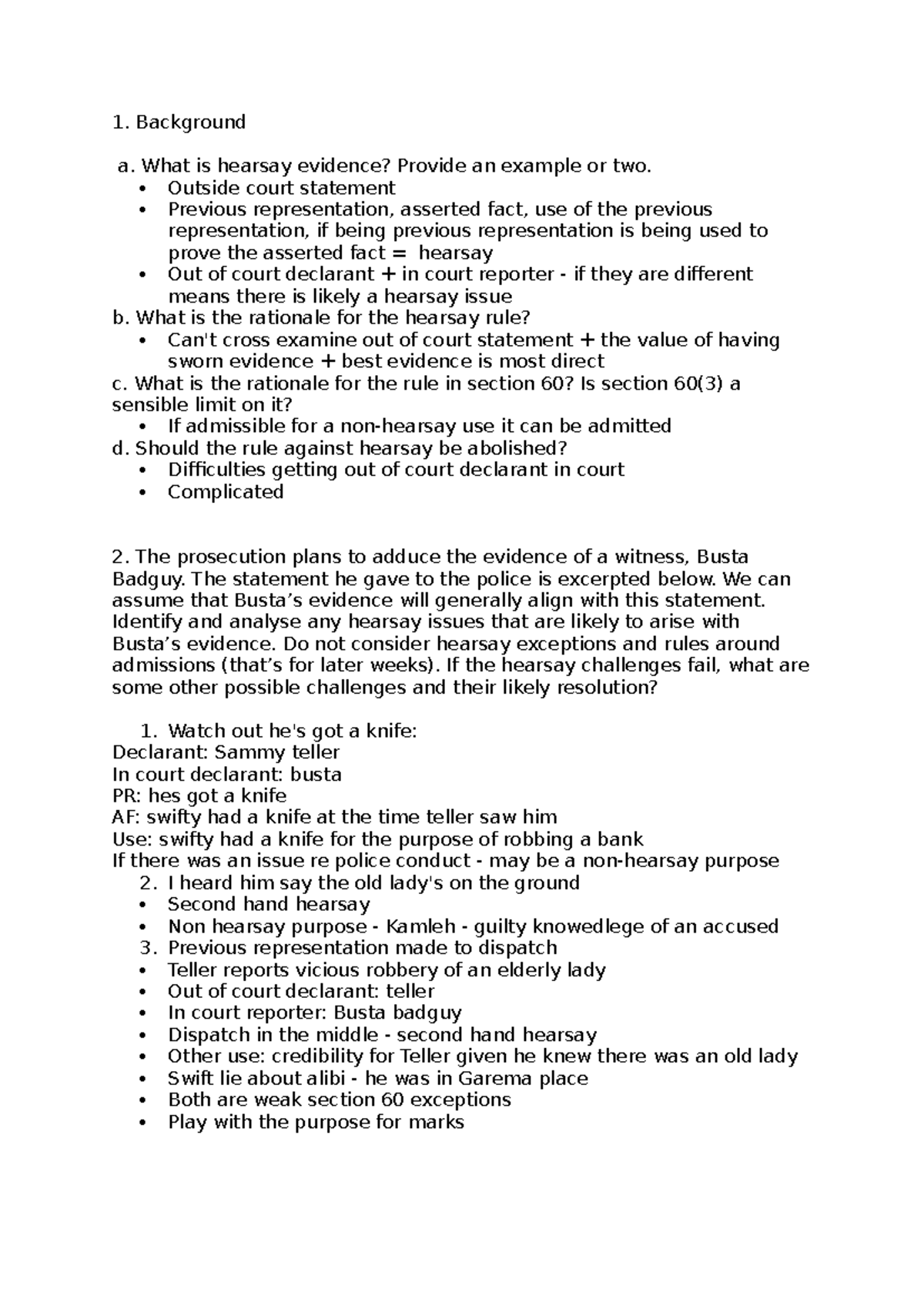 Wk 4 Evidence Tutorial Notes: Hearsay Issues & Analysis in Case Study ...