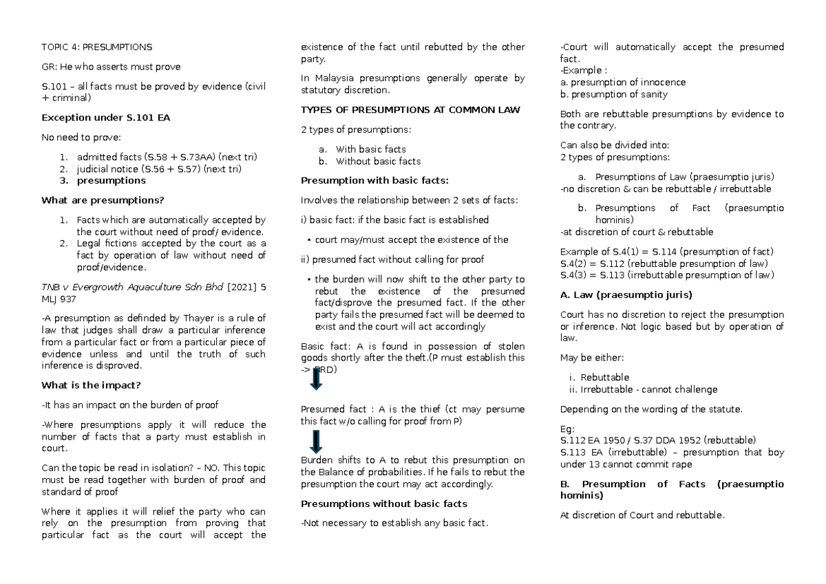 Topic 4: Presumptions in Law (GR) - Understanding S.101 and Evidence ...