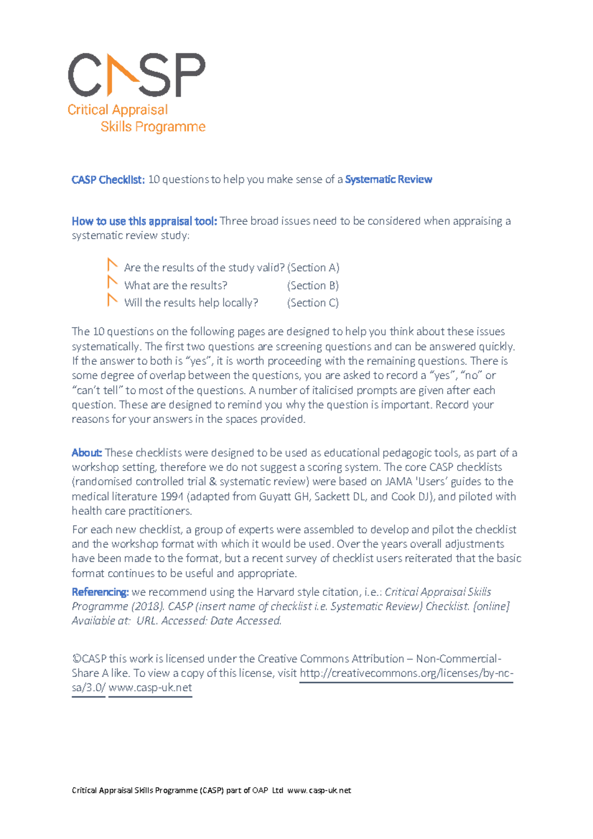 CASP Checklist for Systematic Review Appraisal: 10 Key Questions - Studocu