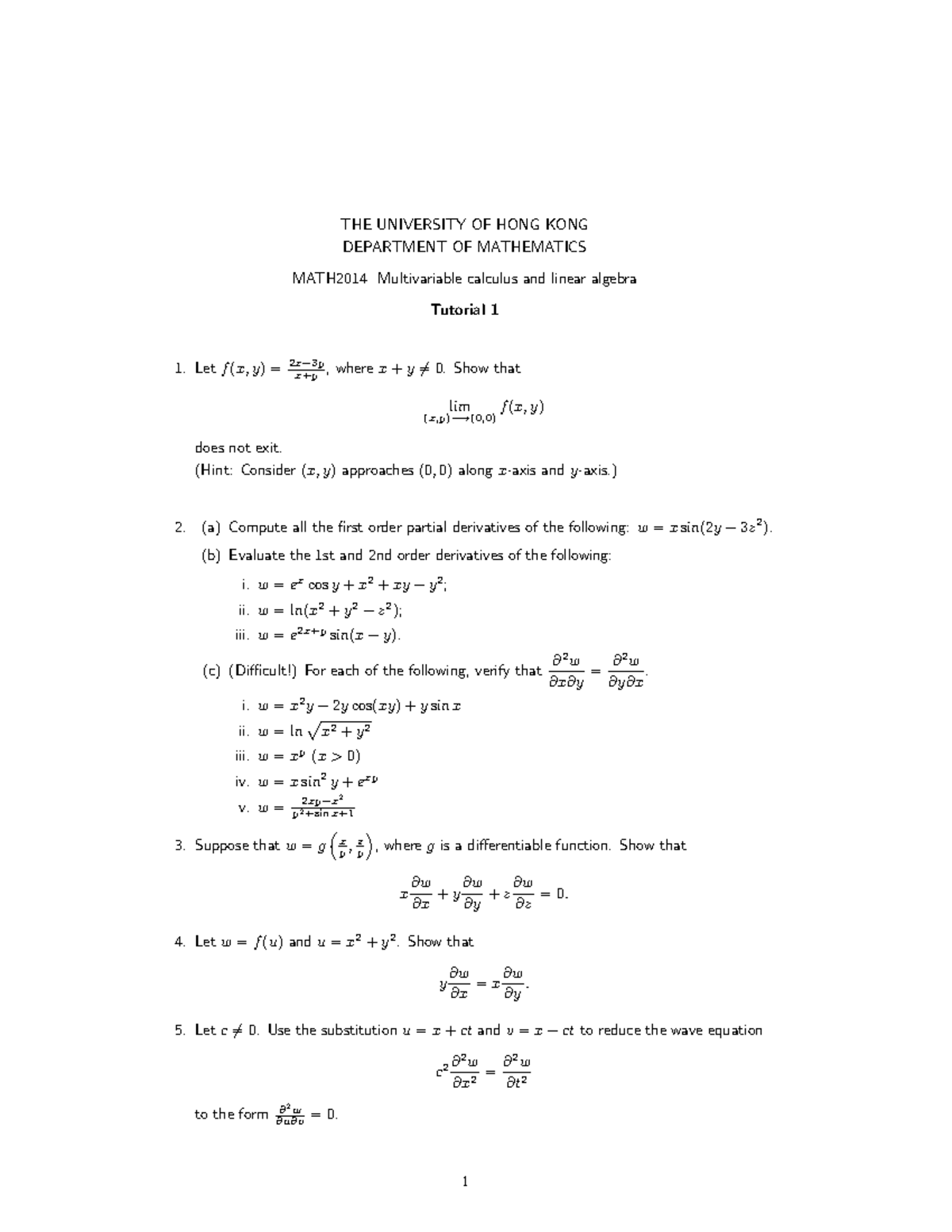 Math2014 Tutorial 1: Multivariable Calculus & Linear Algebra Problems ...
