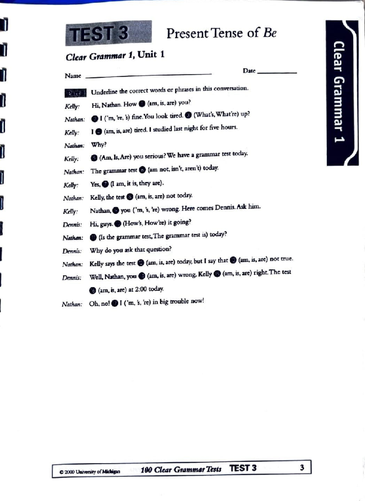 TEST 3: Present Tense of Be - Clear Grammar 1, Unit 1 - Studocu