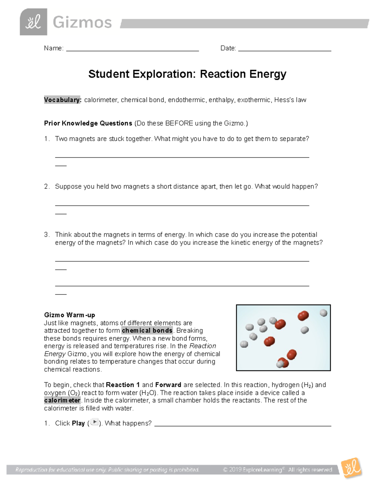 Reaction Energy SE - Name: Date: Student Exploration: Reaction Energy ...