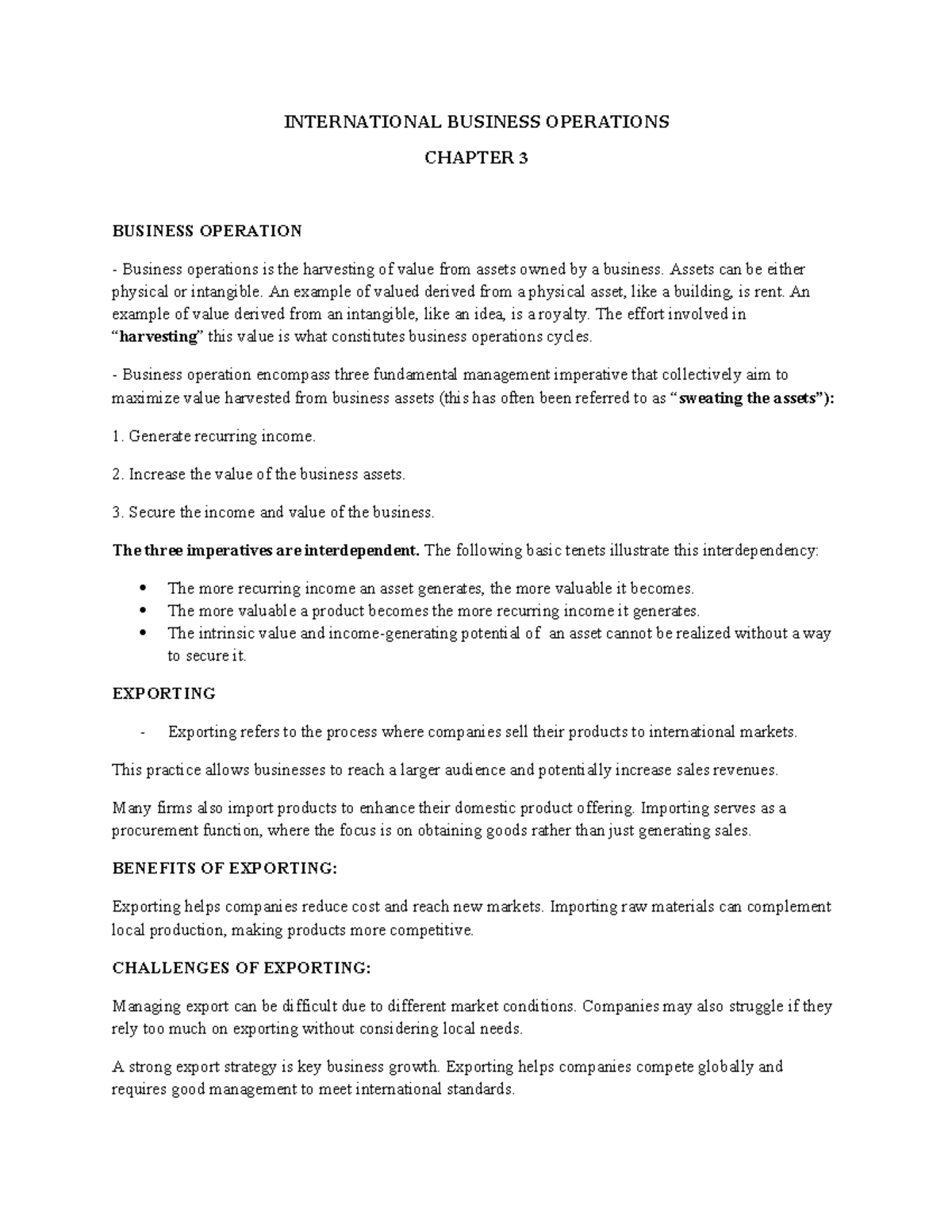 Chptr 3: Business Operations in International BUS - Exporting ...