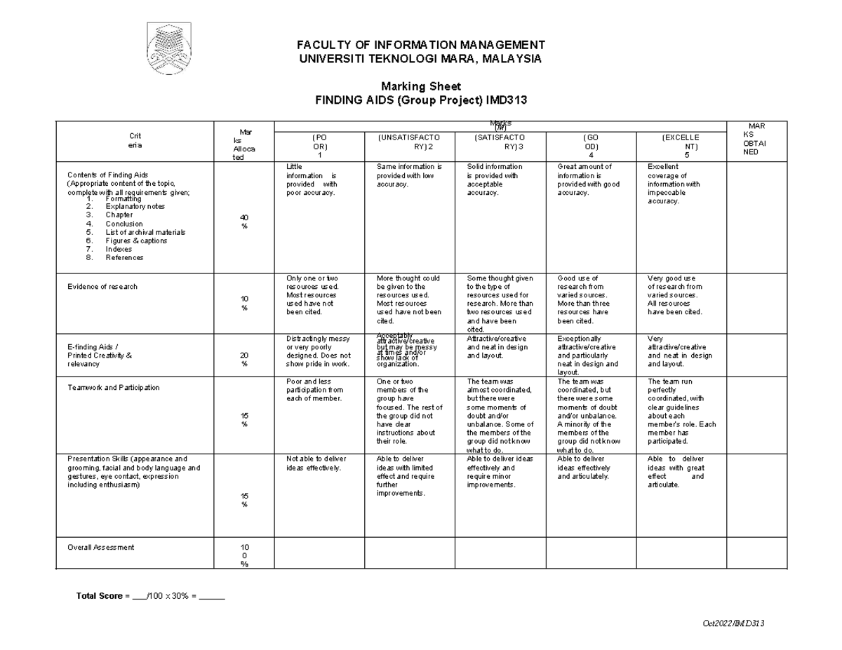 Finding Aids Project Marking Sheet IMD313 Rubric - Studocu