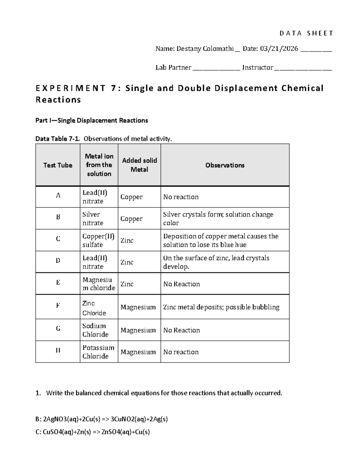 CHM1045 L Exp 7: Single & Double Displacement Reactions Data Sheet ...
