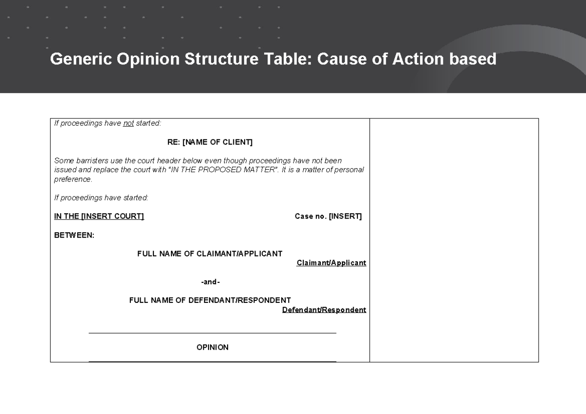 Cause of action based structure - Generic Opinion Structure Table ...
