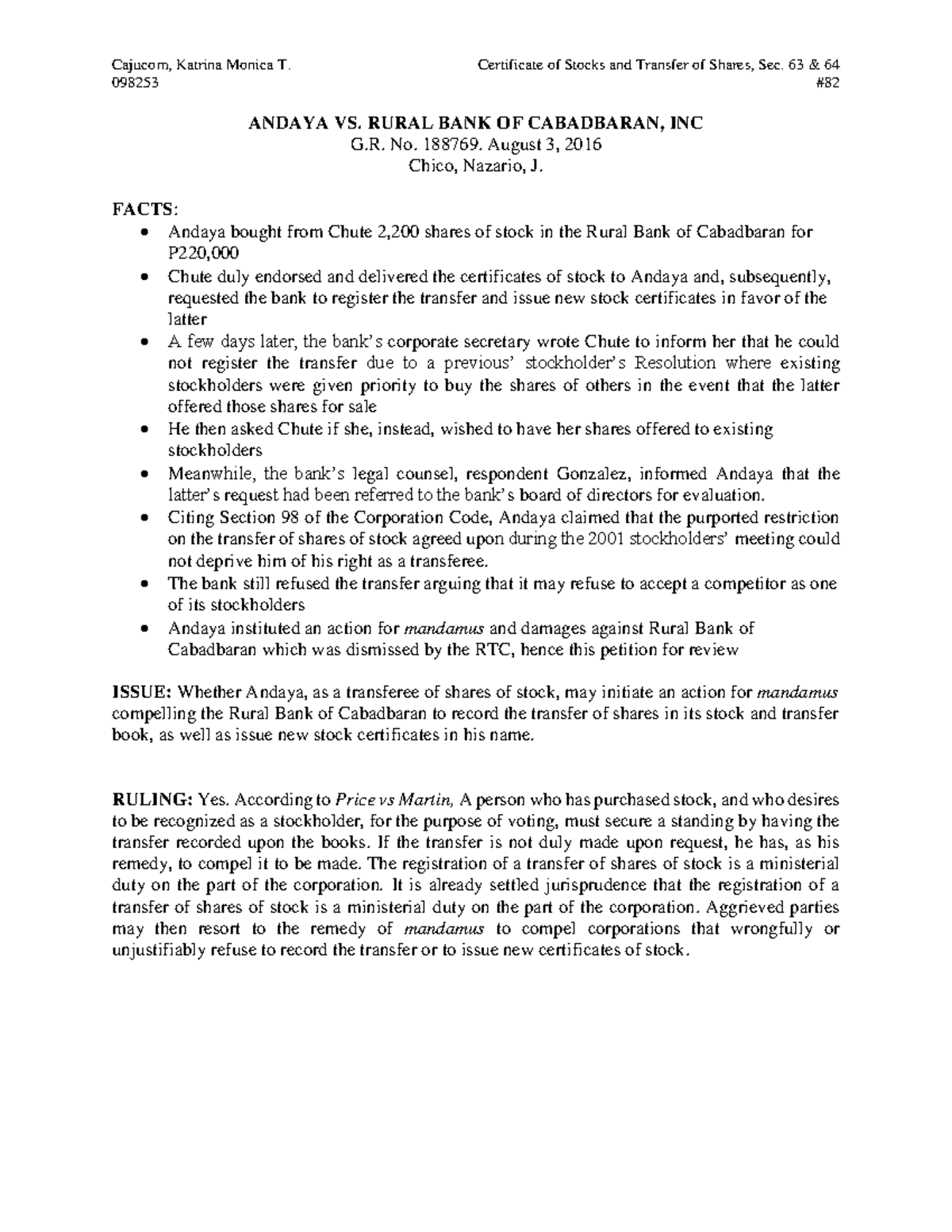 Law Notes: Andaya vs. Rural Bank of Cabadbaran, G.R. No. 188769 - Studocu