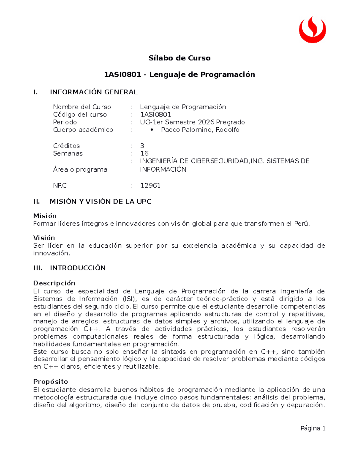 Sílabo del Curso 1ASI0801: Lenguaje de Programación I - 2026 - Studocu
