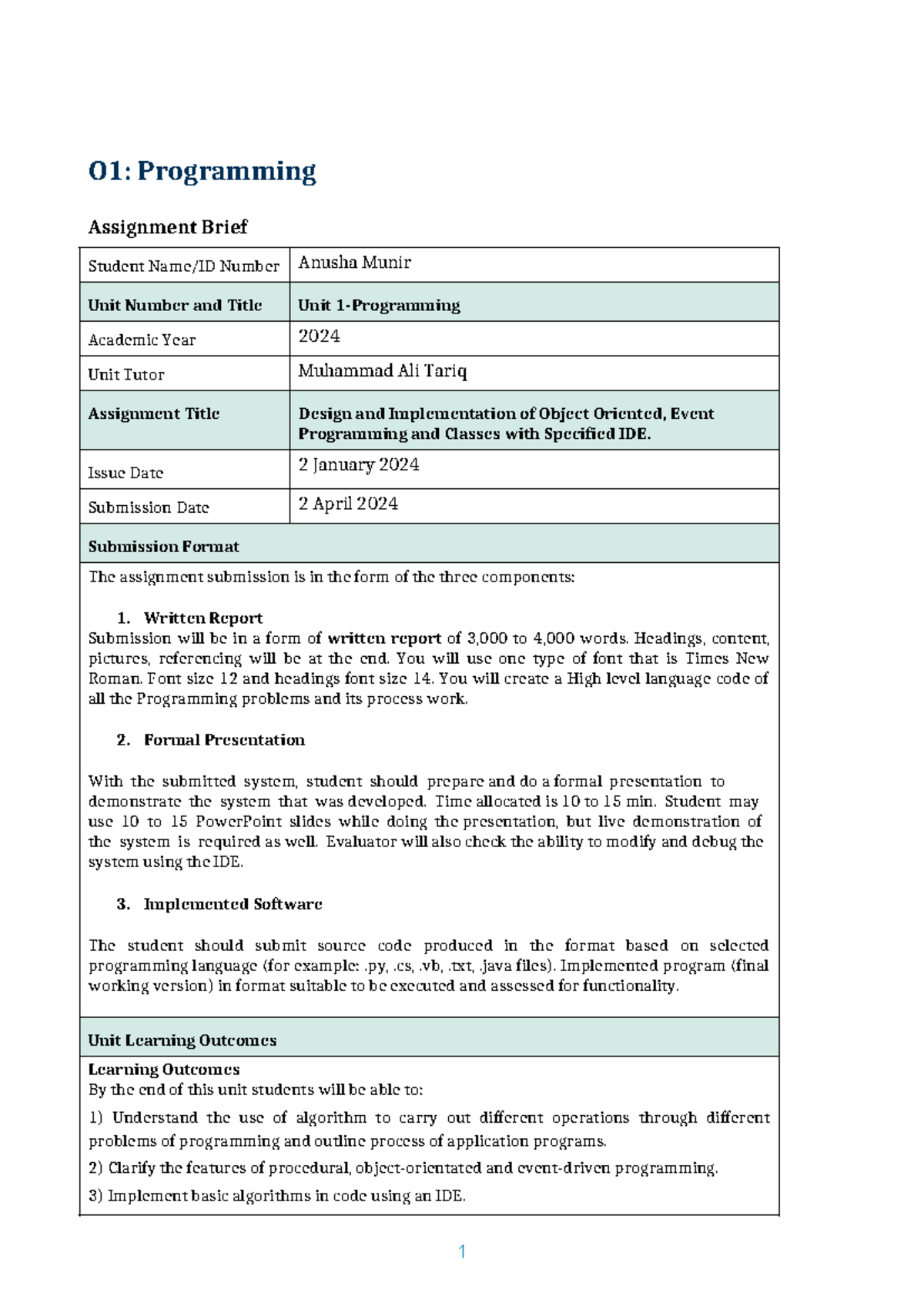 O1: Programming Assignment Brief - OOP & Event Programming Design - Studocu