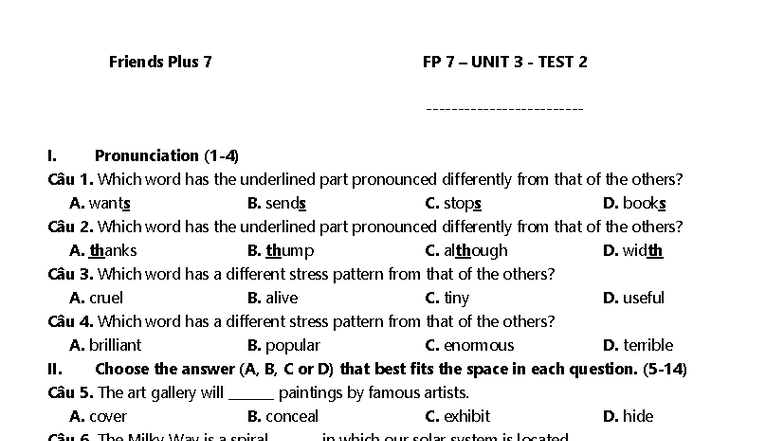Friends Plus 7 FP 7 UNIT 3 TEST 2 - Pronunciation & Comprehension - Studocu