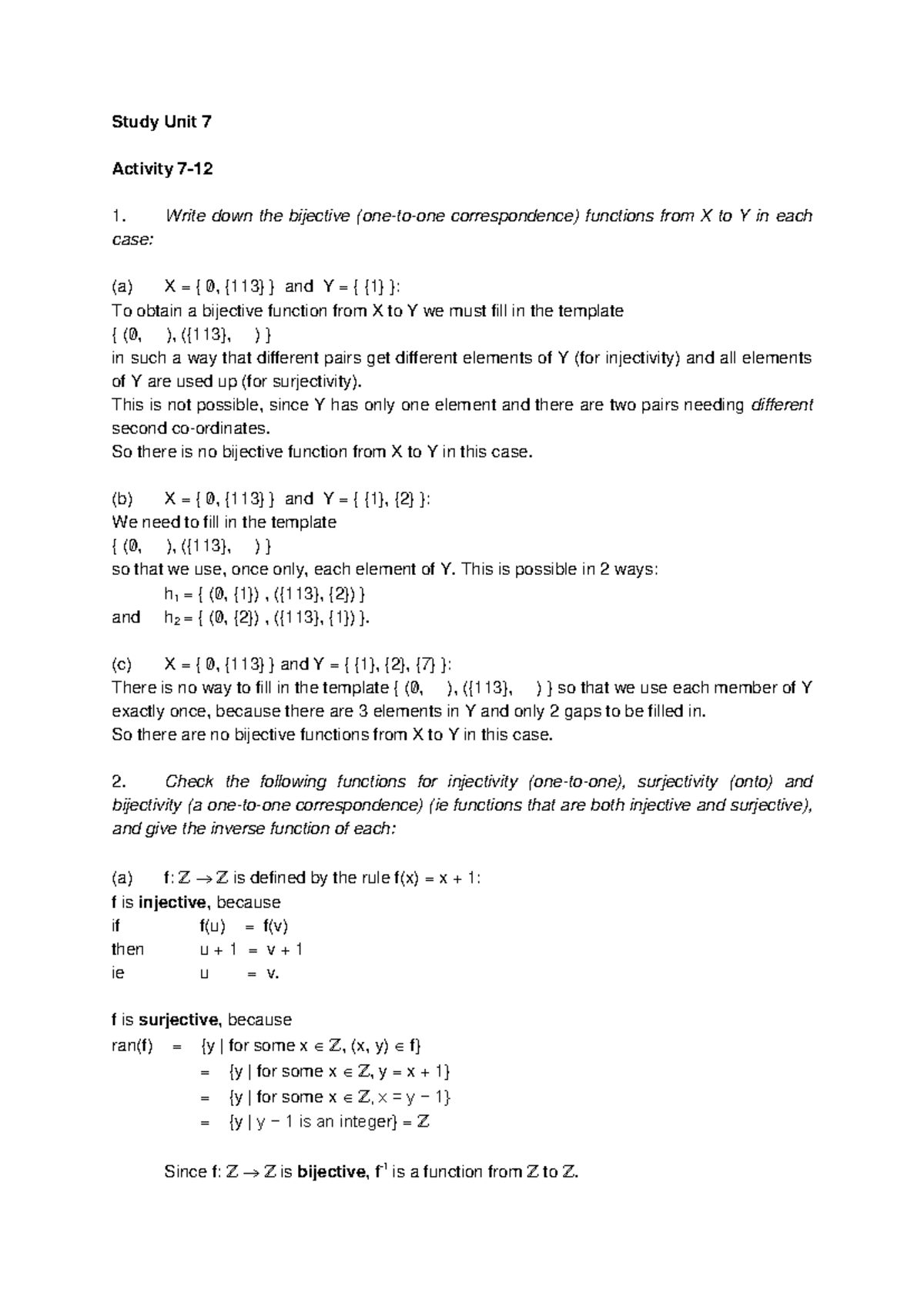 Study Unit 7 Activity: Bijective Functions and Equivalence Relations ...